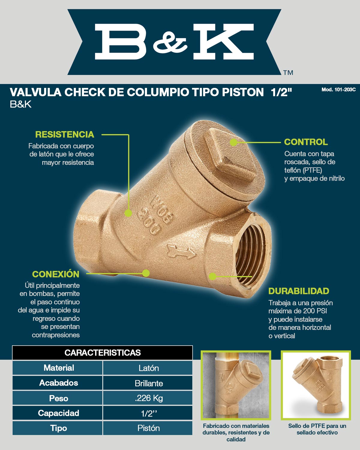 VÁLVULA CHECK DE PISTÓN 1/2 PULGADA DORADO B&K | The Home Depot México