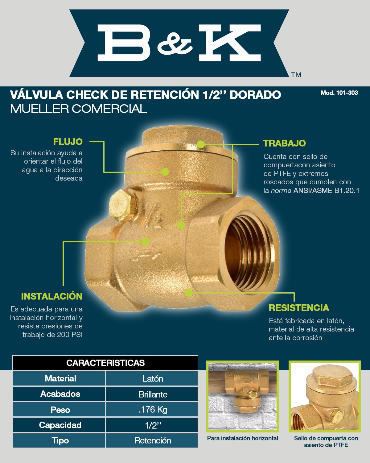VÁLVULA CHECK DE COLUMPIO 1/2 PULGADA DORADO MUELLER | The Home Depot México