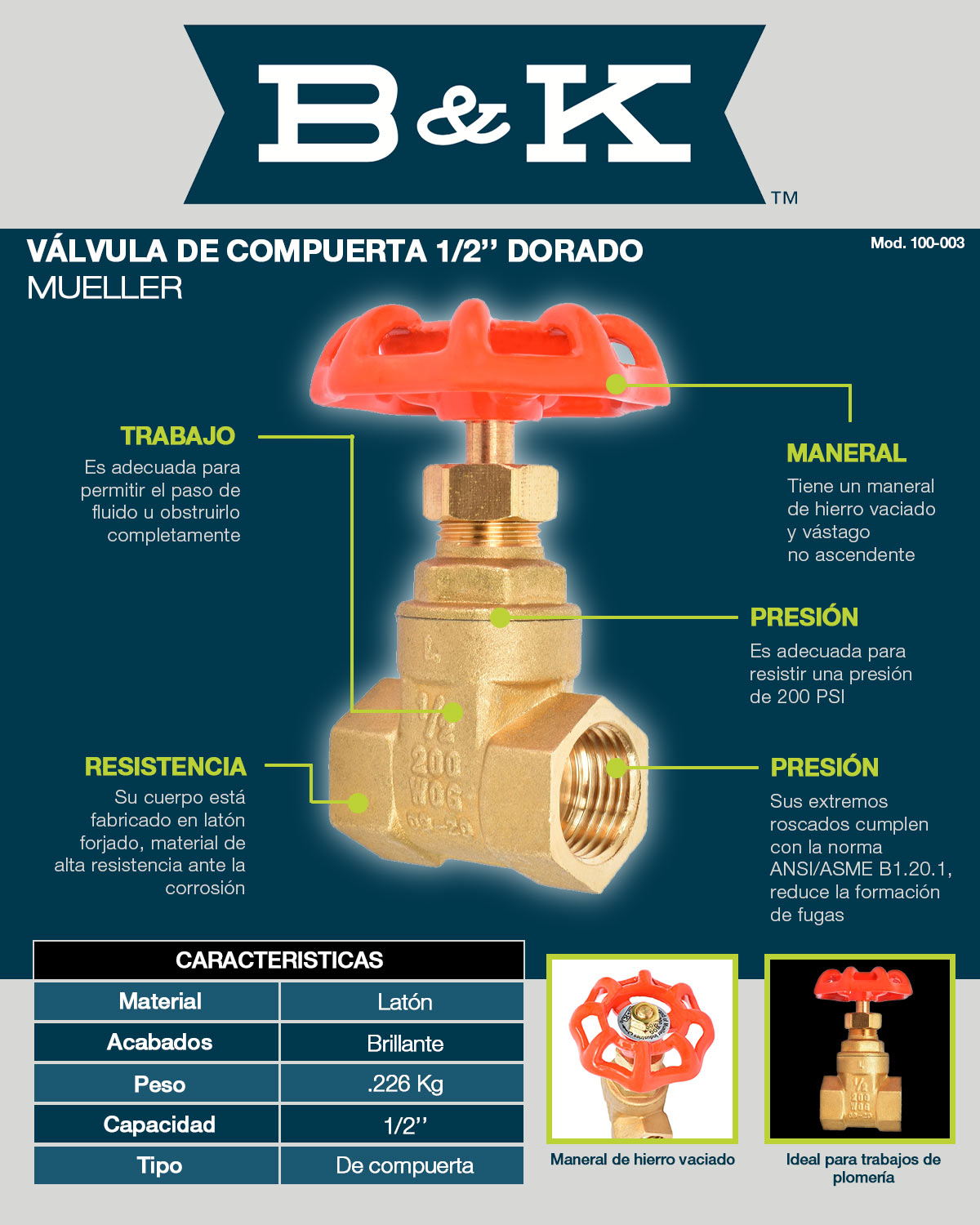 VÁLVULA DE COMPUERTA 1/2 PULGADA DORADO MUELLER | The Home Depot México