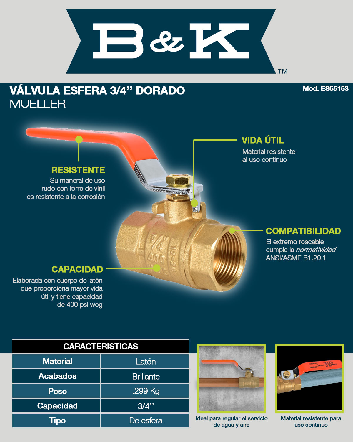 VÁLVULA ESFERA 3/4 DE PULGADA DORADO MUELLER | The Home Depot México