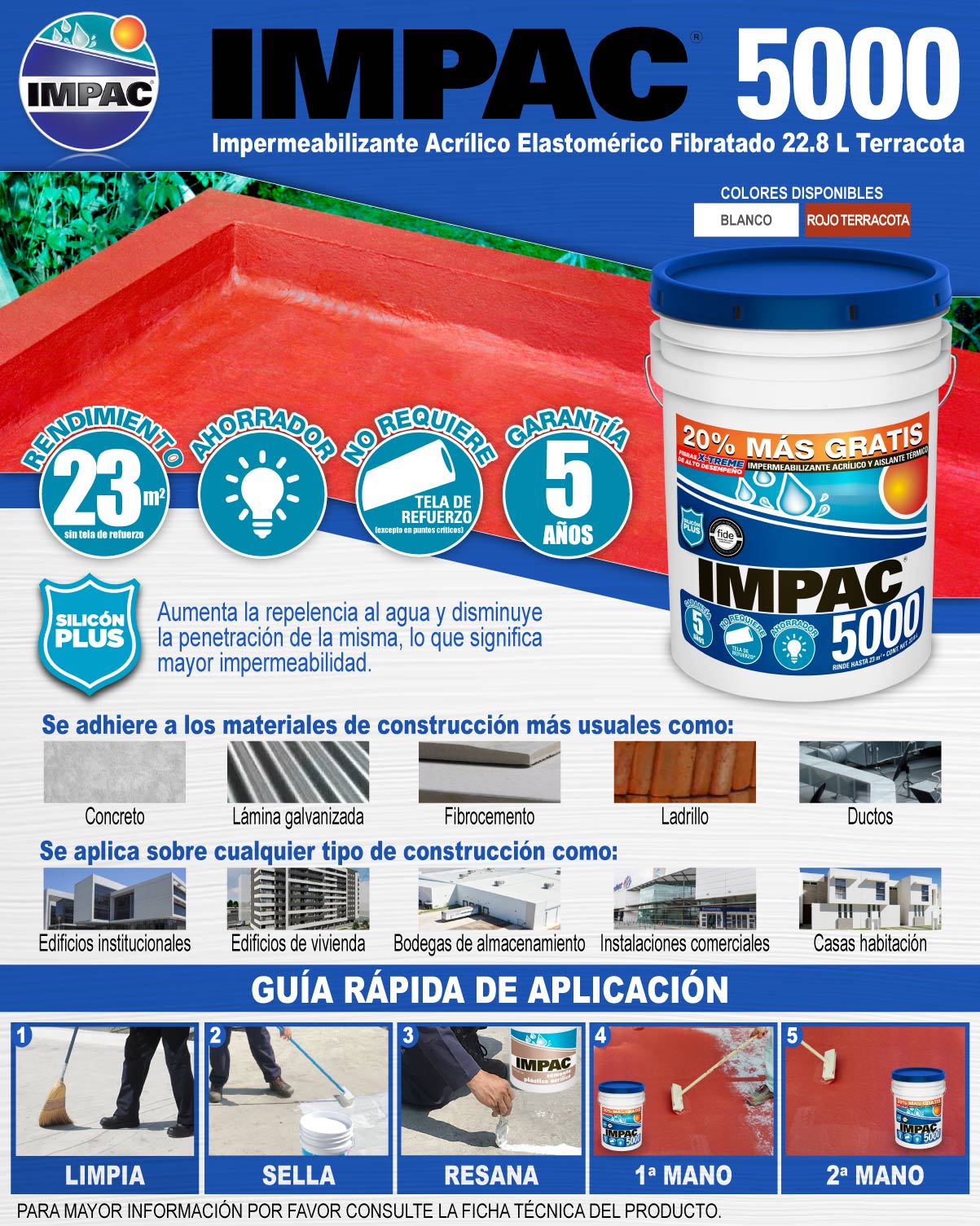 IMPERMEABILIZANTE ACRÍLICO ELASTOMÉRICO FIBRATADO IMPAC 5000 5 AÑOS TERRACOTA 22.8 L | The Home ...