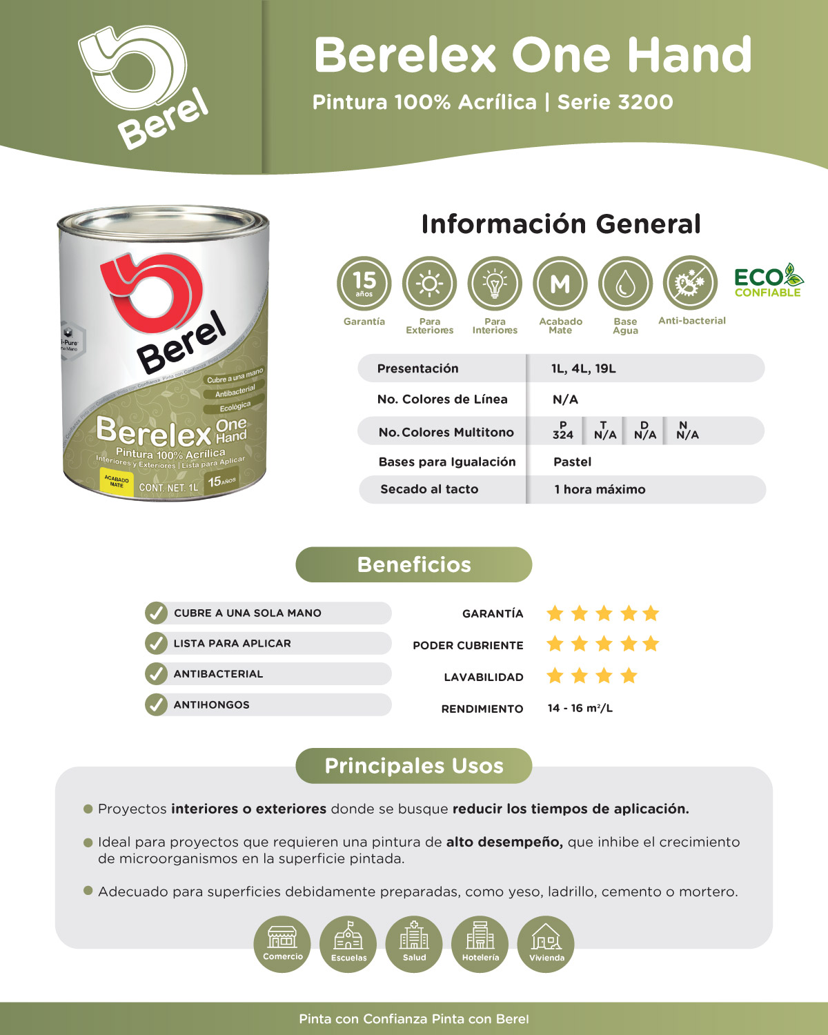 Pintura Berel Berelex One Hand Vinil Acrílica Interior/Exterior 19L ...