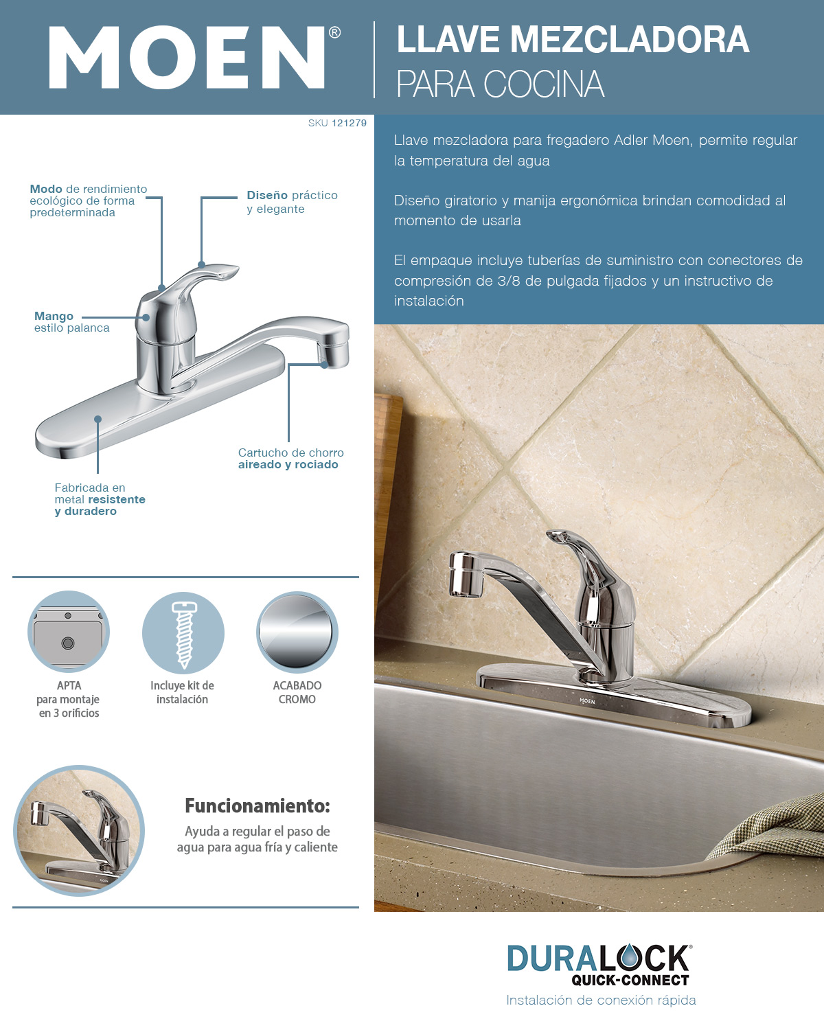 LLAVE MEZCLADORA PARA FREGADERO MONOMANDO ADLER CROMADO MOEN | The Home ...