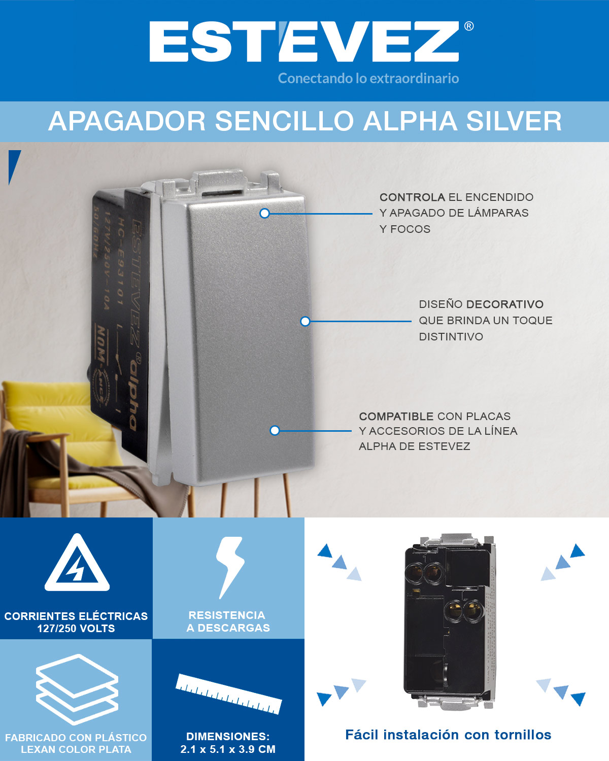 APAGADOR SENCILLO 1 MÓDULO ALPHA PLATA | The Home Depot México