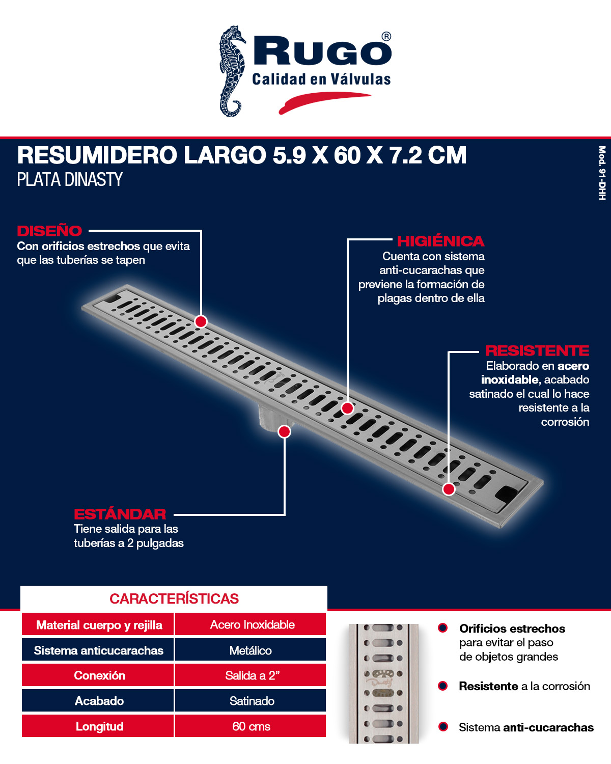 RESUMIDERO LARGO 5.9 X 60 X 7.2 CM PLATA DINASTY | The Home Depot México