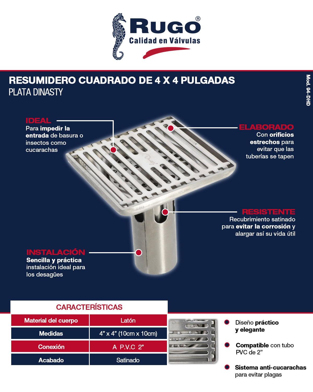 RESUMIDERO CUADRADO 4 X 4 PULGADAS PLATA DINASTY | The Home Depot México