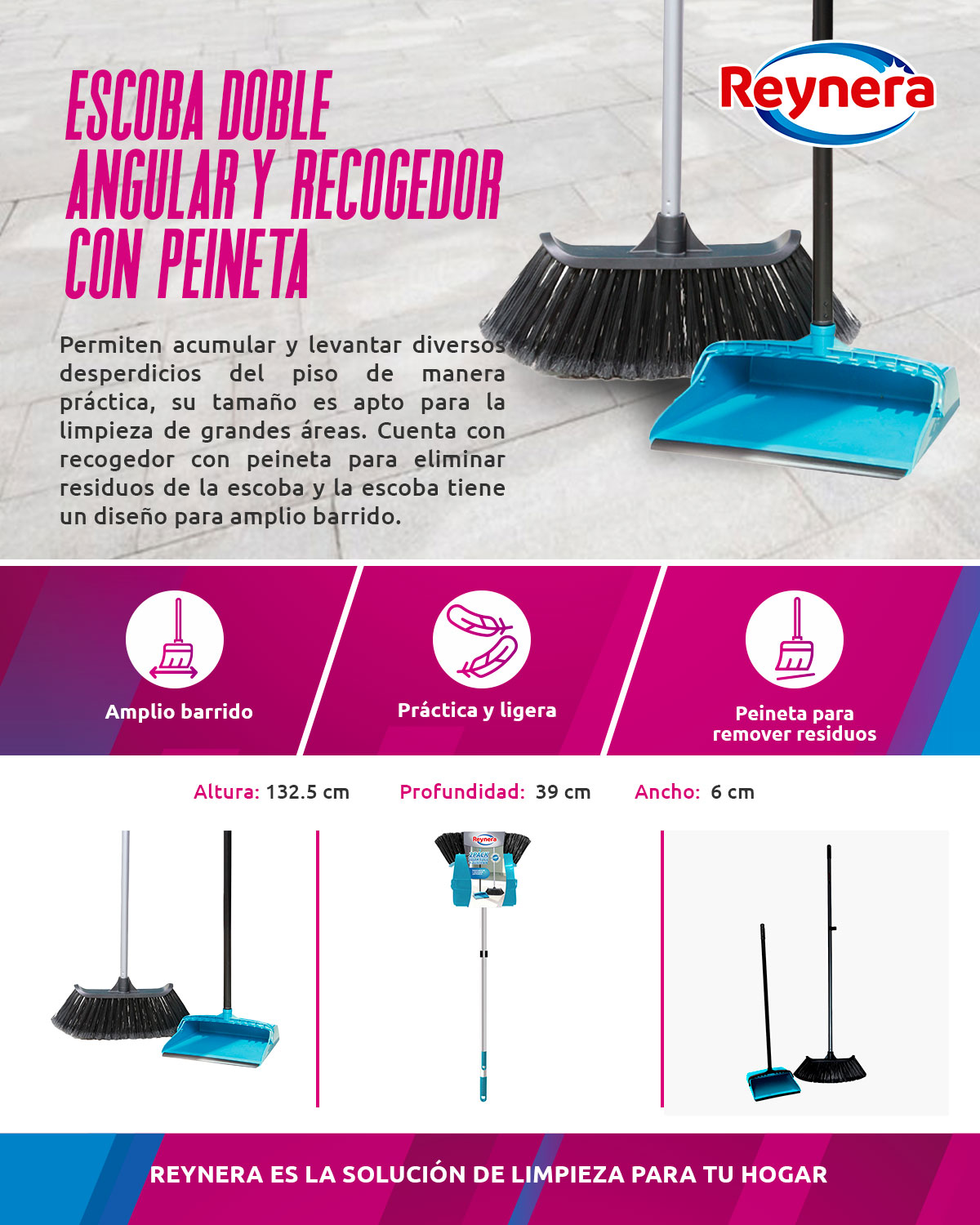 ESCOBA DOBLE ANGULAR Y RECOGEDOR CON PEINETA REYNERA | The Home Depot ...