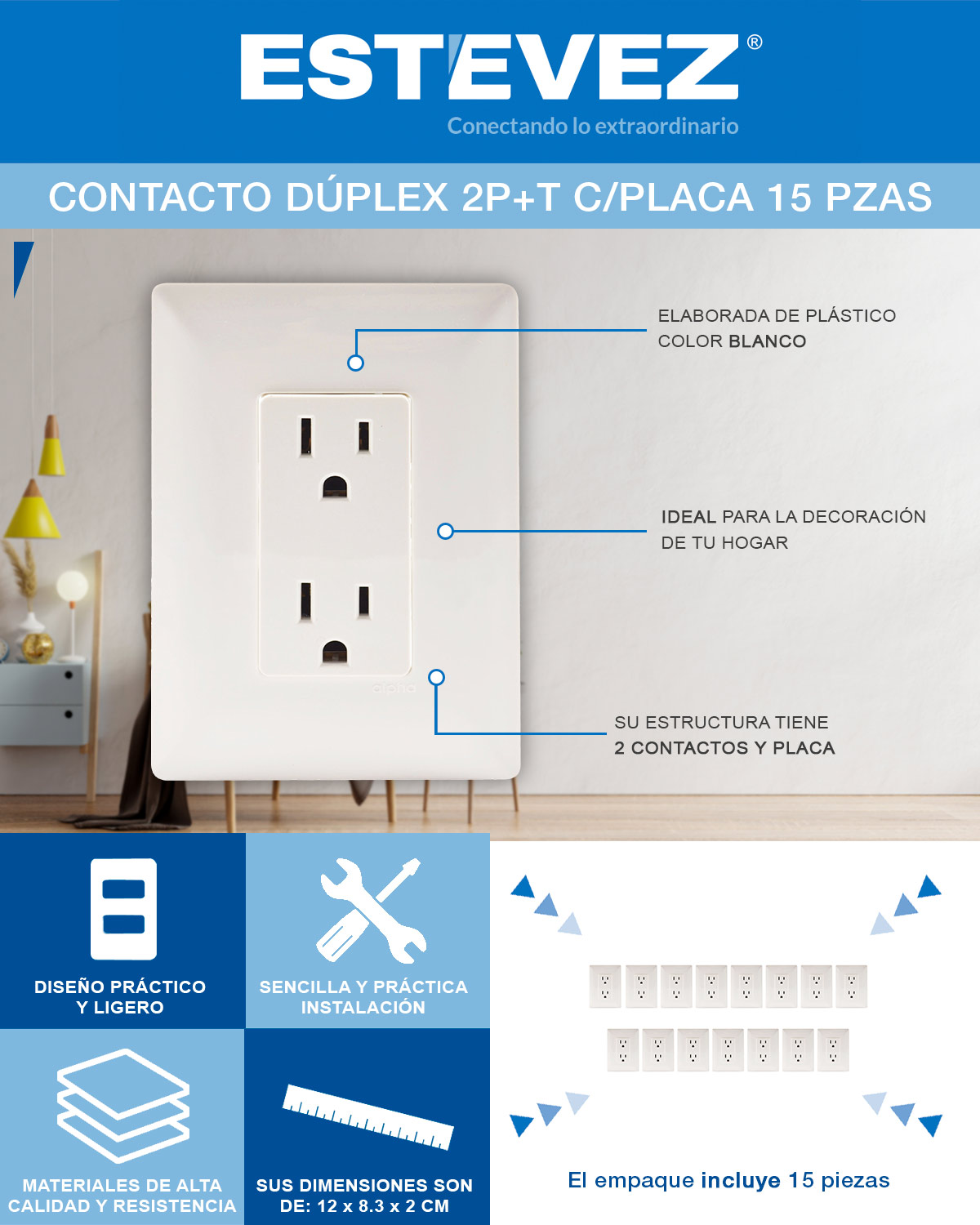 CONTACTO DÚPLEX BLANCO ESTÉVEZ 15 PIEZAS | The Home Depot México