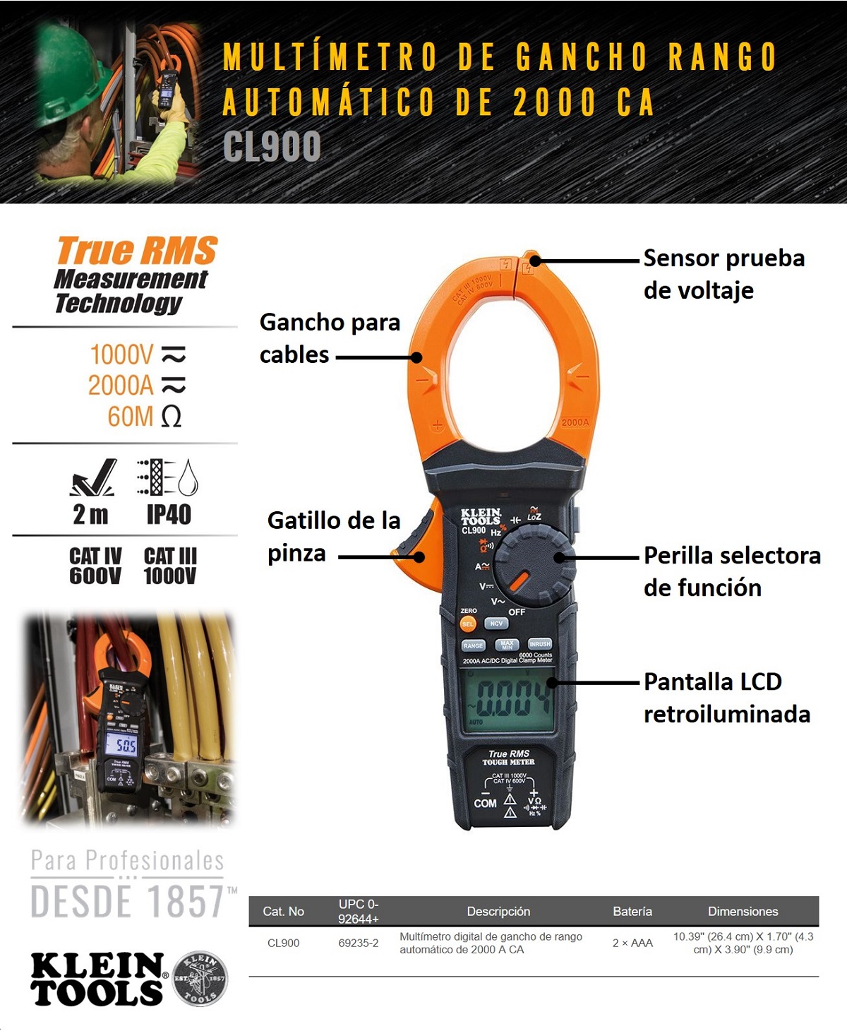 MULTÍMETRO DIGITAL DE GANCHO 2000 AMPERES NEGRO KLEIN TOOLS | The Home ...