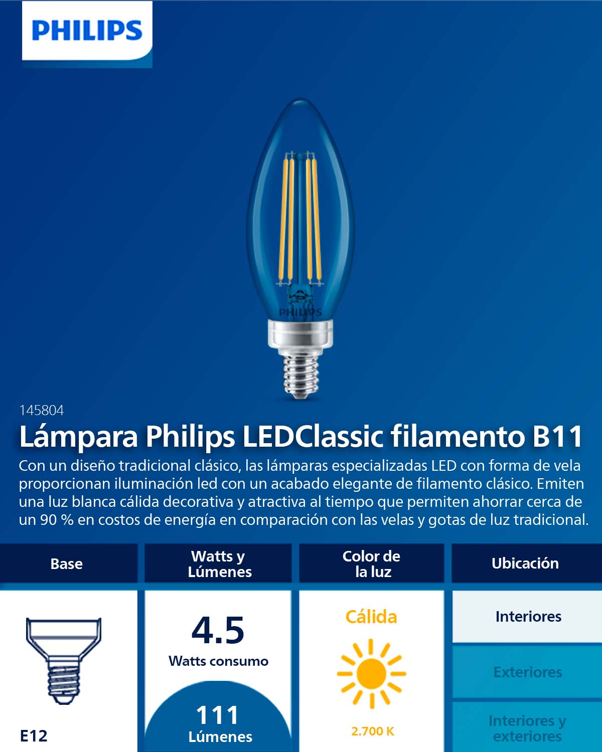 FOCO PHILIPS LED FILAMENTO B11 BASE E12 LUZ CÁLIDA | The Home Depot México