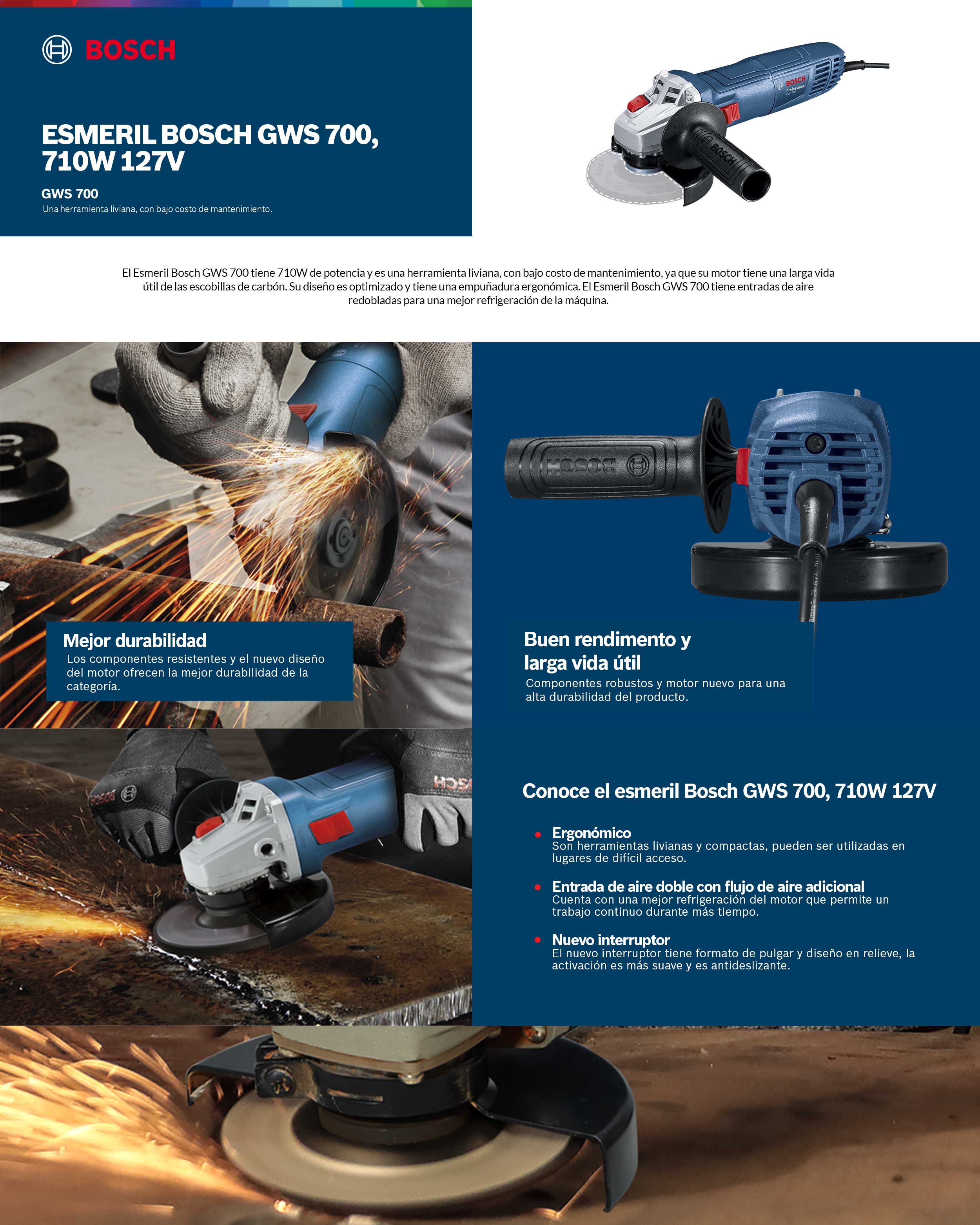 ESMERIL BOSCH GWS 700, 710W 127V EJE M14 | The Home Depot México