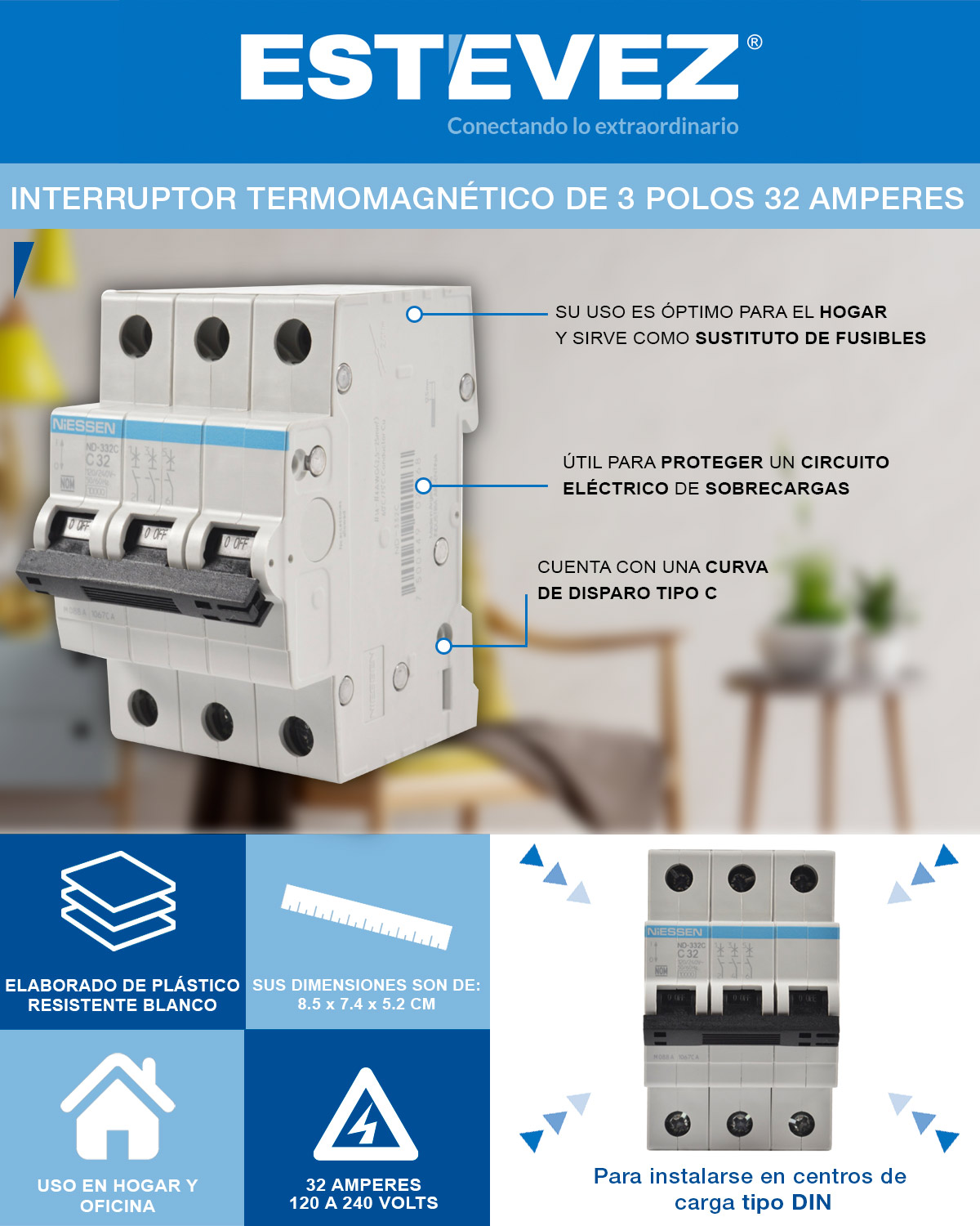 INTERRUPTOR TERMOMAGNÉTICO DE 3 POLOS 32 AMPERES NIESSEN | The Home Depot México