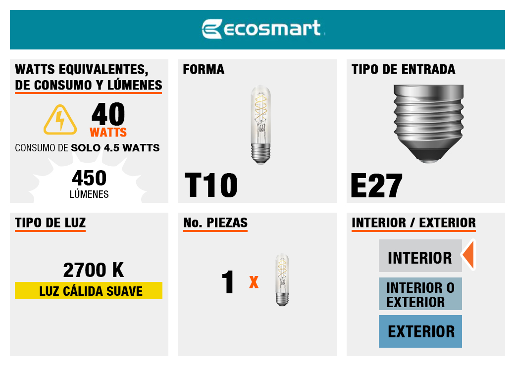 FOCO FILAMENTO LED T10 4.5(40W) LC | The Home Depot México