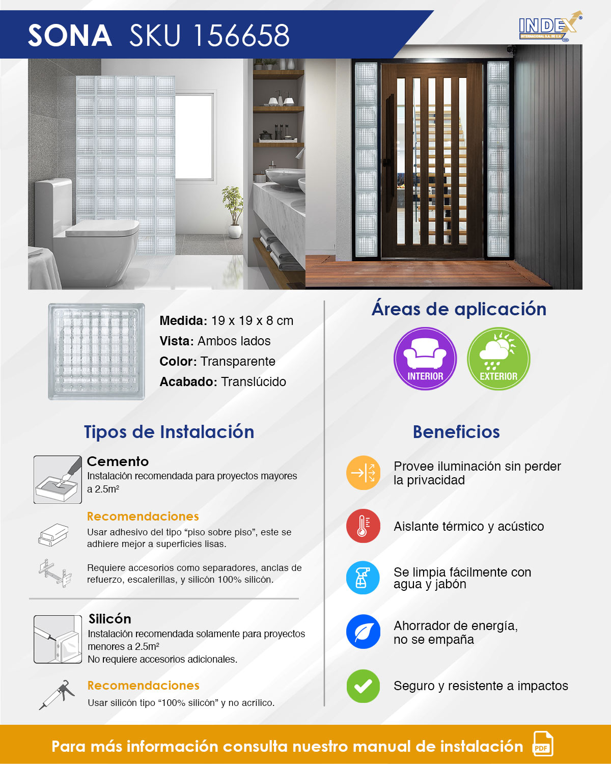 VIDRIO BLOCK SONA INDEX 19 X 19 X 8 CM | The Home Depot México