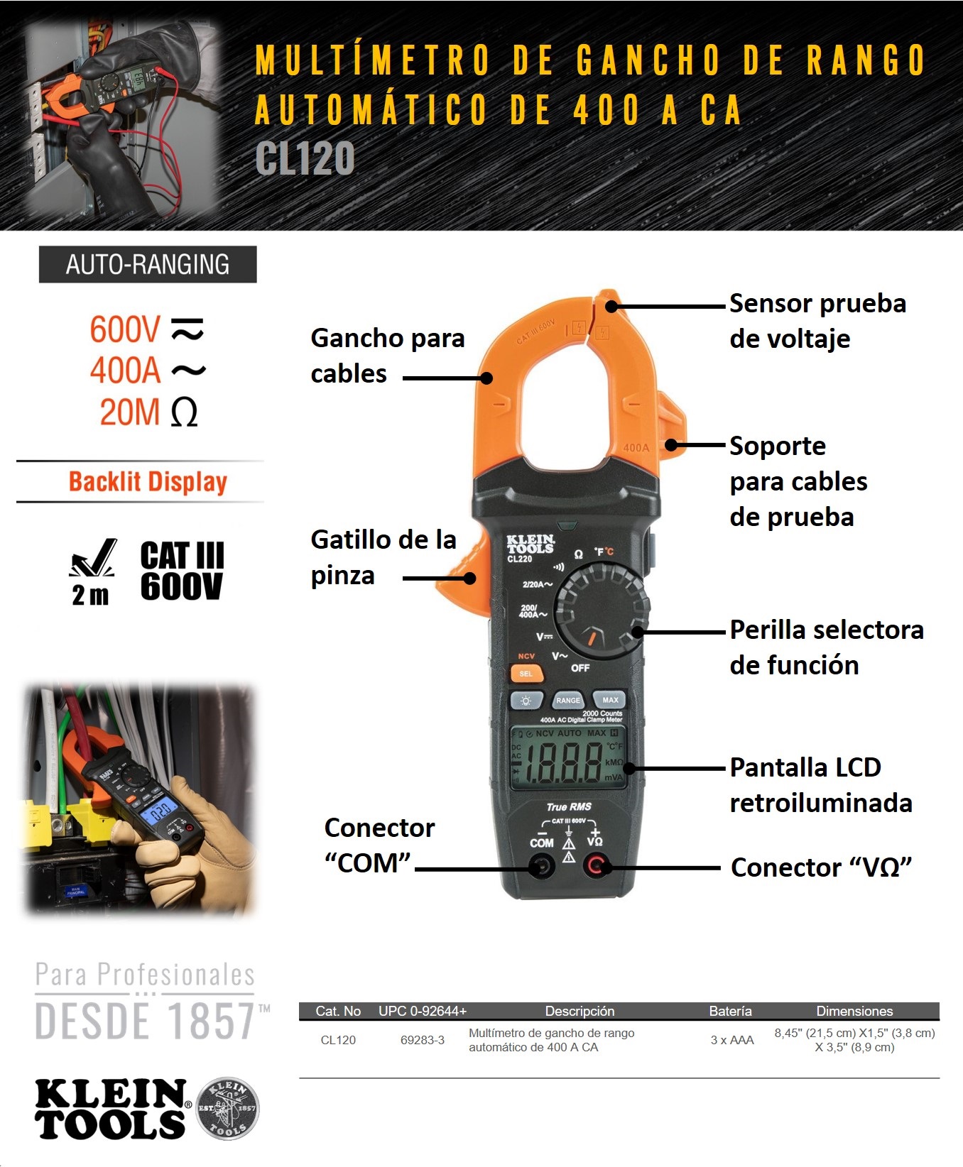 MULTÍMETRO DIGITAL DE GANCHO DE RANGO AUTOMÁTICO DE 400 A CA KLEIN ...