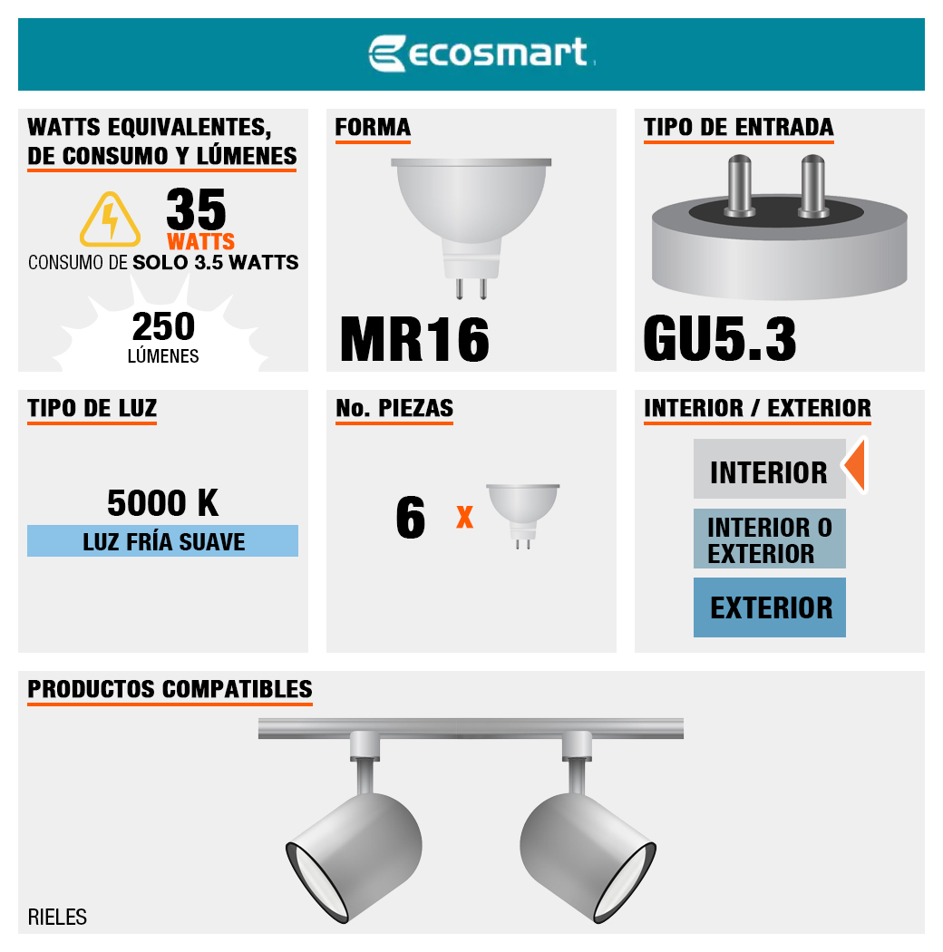 FOCO LED MR16 ECOSMART 2.7 W 265 LÚMENES LUZ FRÍA 6 PIEZAS | The Home ...
