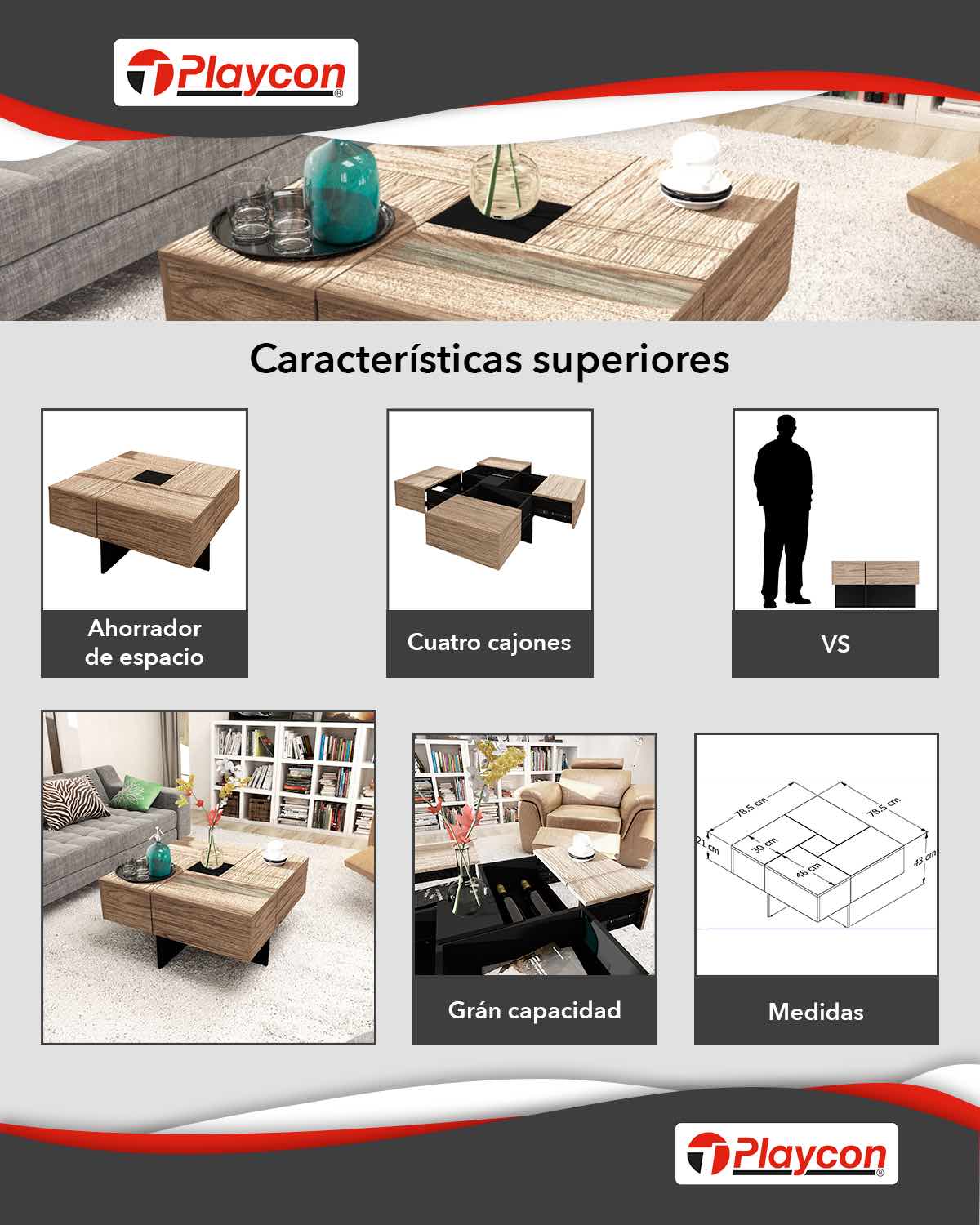 MESA MARSELLA PLAYCON 78.4X78.4X41.9 CM ROBLE TEXTURIZADO Y NEGRO LISO ...