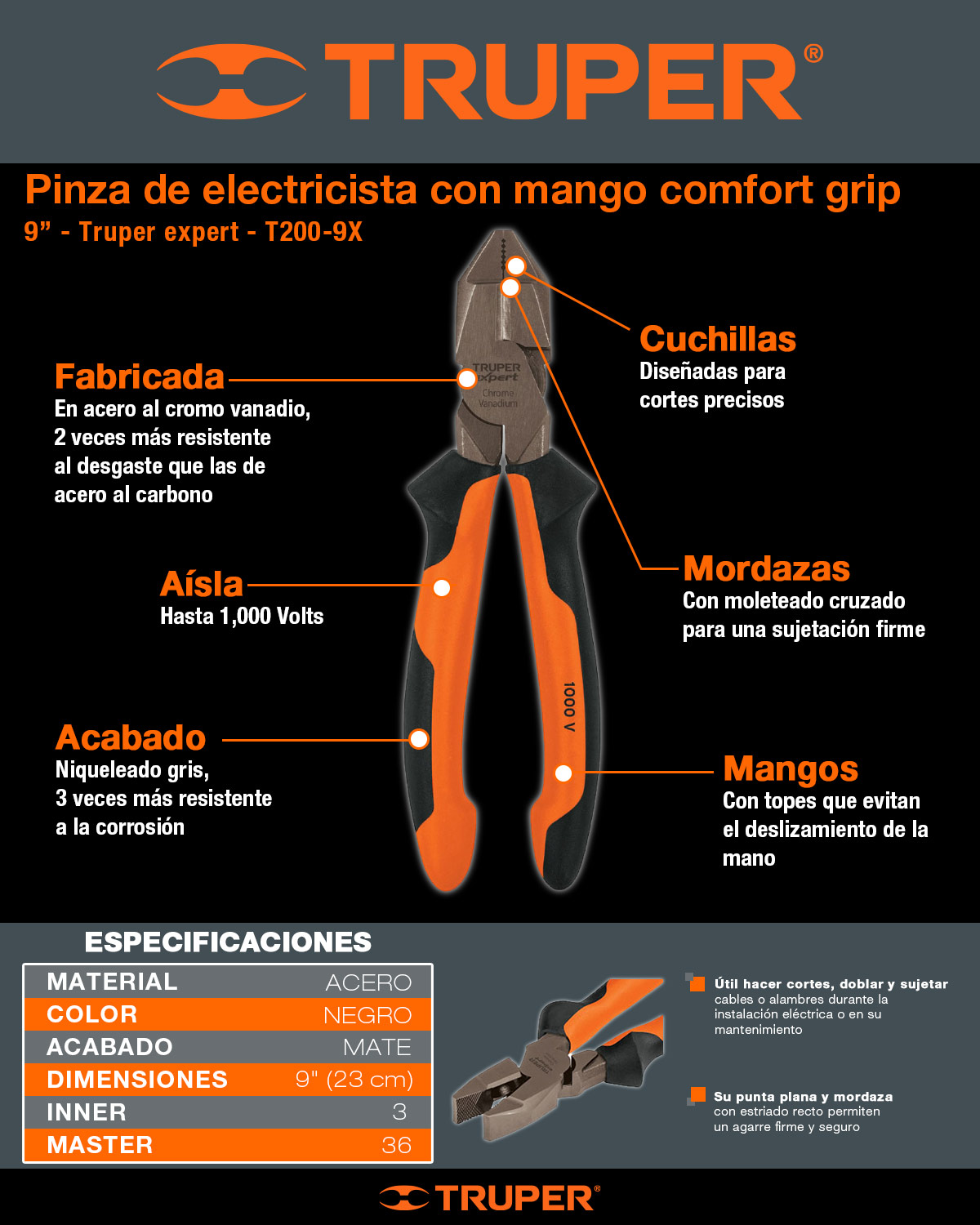 PINZA DE ELECTRICISTA 9 PULGADAS NARANAJA TRUPER | The Home Depot México