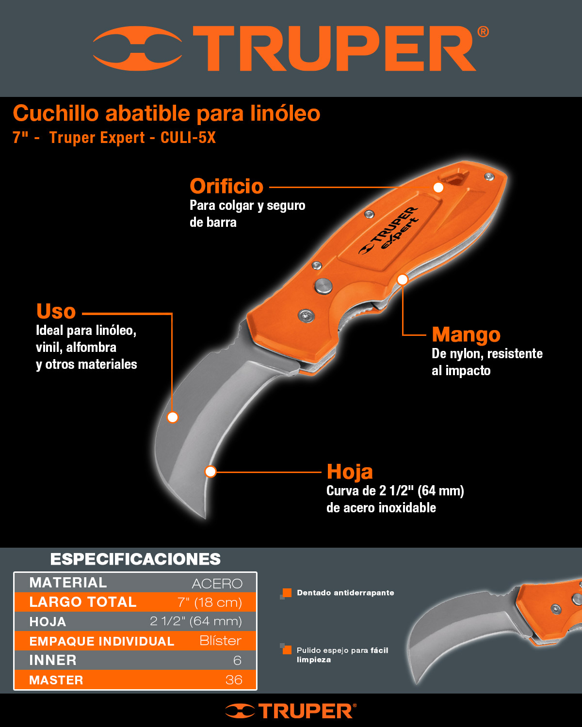 CUCHILLO ABATIBLE PARA LINÓLEO 7 PULGADAS NARANJA TRUPER | The Home ...
