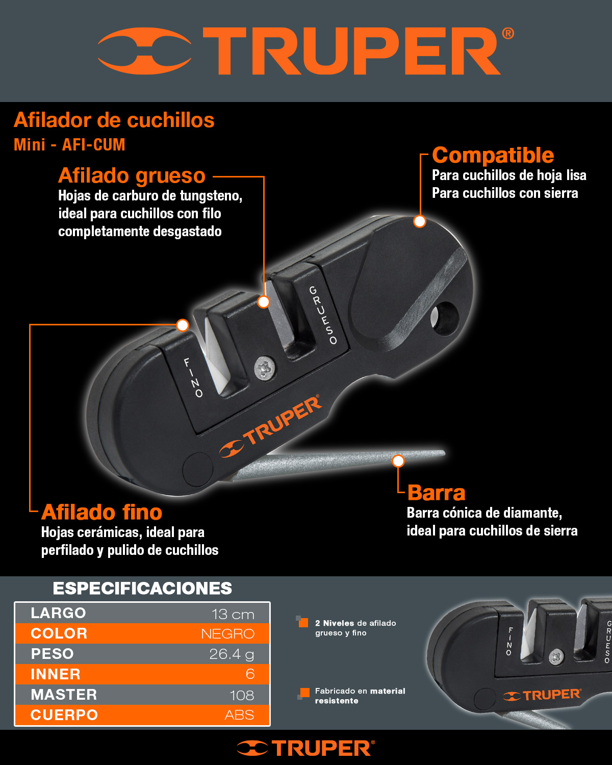 AFILADOR PARA CUCHILLOS 13 CM NEGRO TRUPER | The Home Depot México