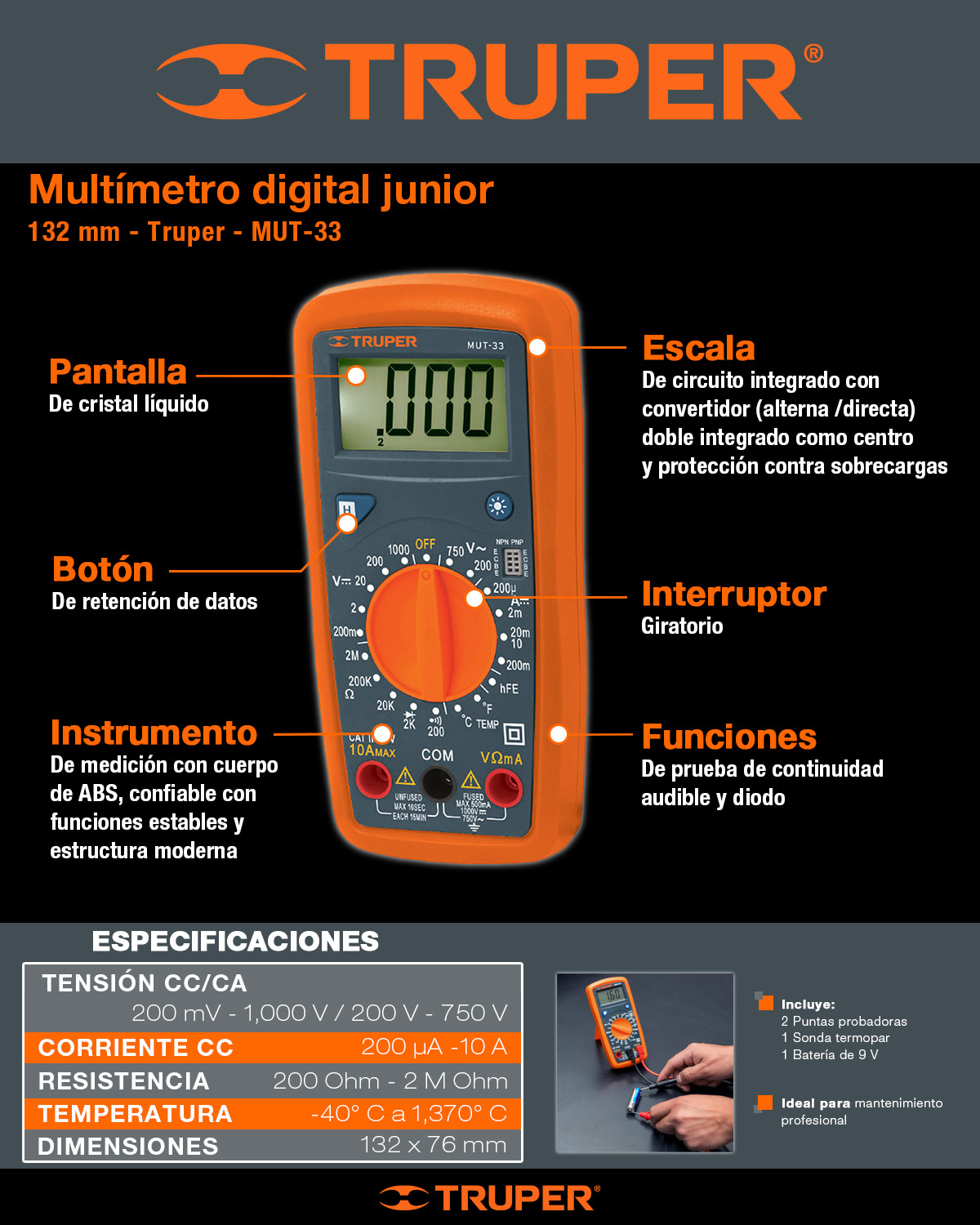 MULTÍMETRO DIGITAL JUNIOR NARANJA TRUPER | The Home Depot México
