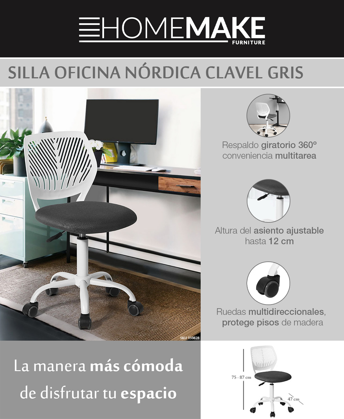 SILLA OFICINA NÓRDICA CLAVEL GRIS | The Home Depot México