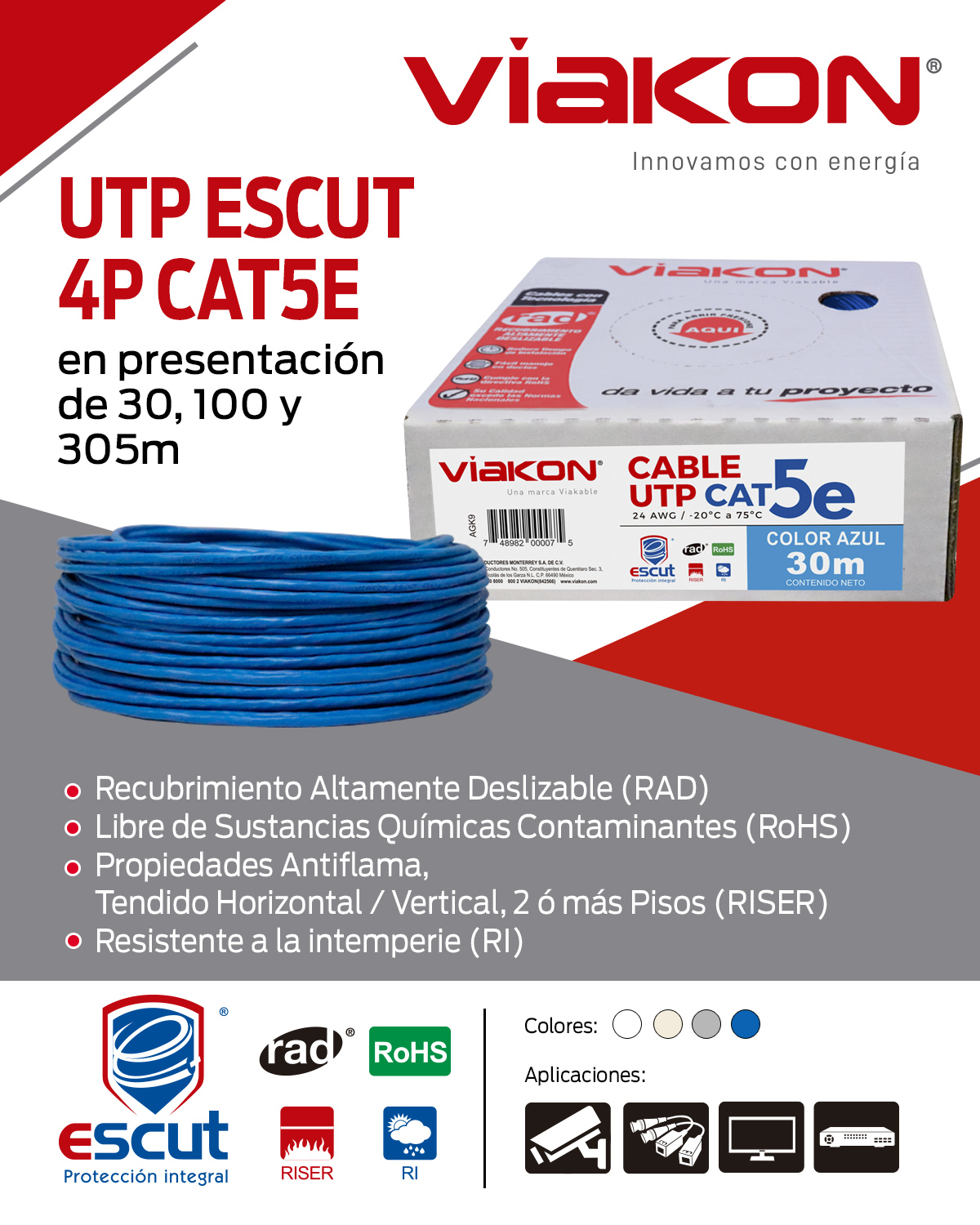 CABLE UTP ESCUT 4P CAT5E AZ 305M VIAKON | The Home Depot México
