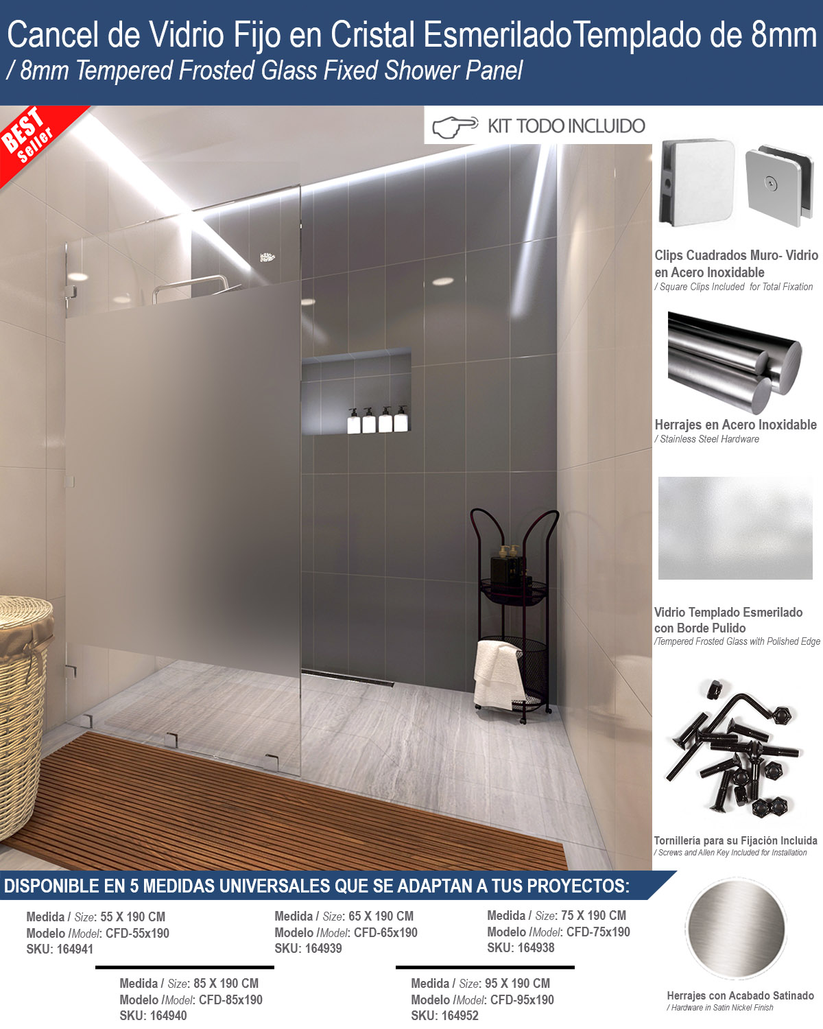 CANCEL PARA BAÑO 95 X 190 CM DE VIDRIO FIJO DECORADO TEMPLADO DE 8MM ...