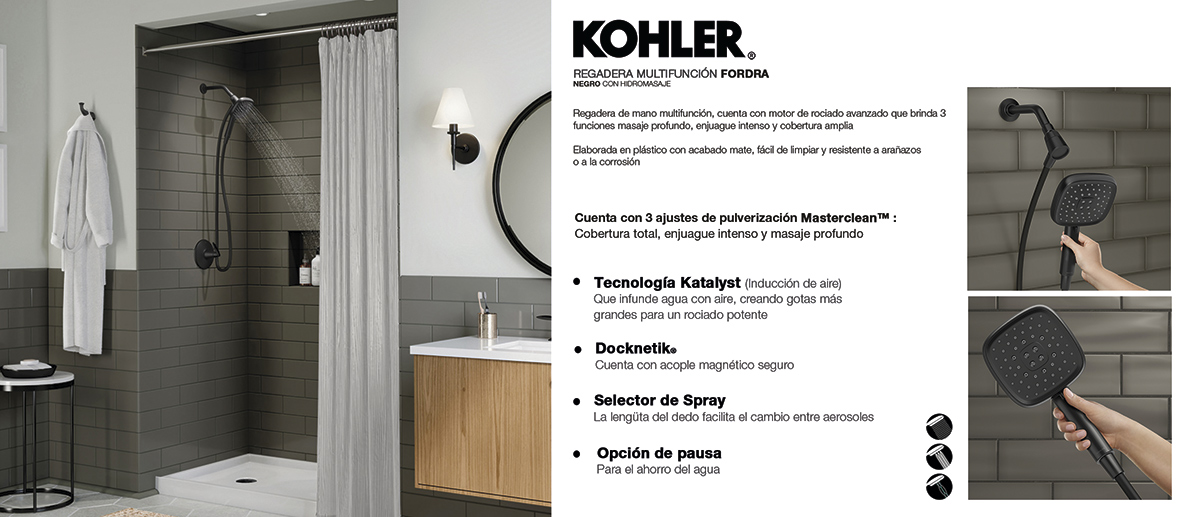 REGADERA DE MANO MULTIFUNCIÓN FORDRA NEGRO CON HIDROMASAJE KOHLER | The ...
