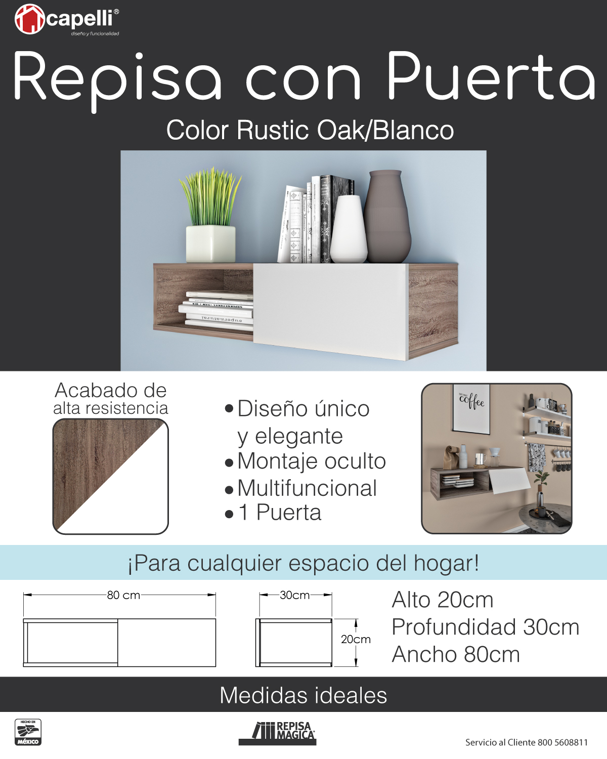 REPISA CON PUERTA CAPELLI 20 X 78 X 31.5 CM CAFÉ RUSTIC OAK | The Home ...