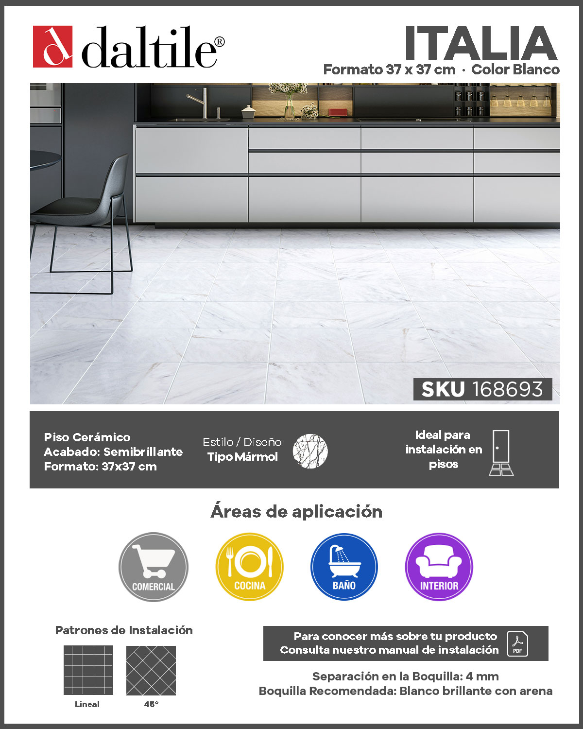 PISO ITALIA 37X37 BLANCO 2.11M2 | The Home Depot México