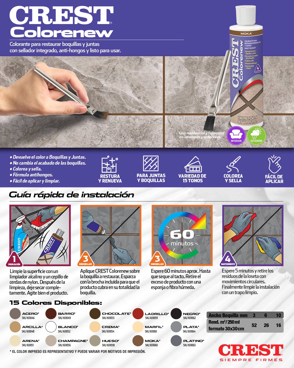 CREST COLOR RENEW LADRILLO 250 ML COLORANTE PARA BOQUILLAS Y JUNTAS ...