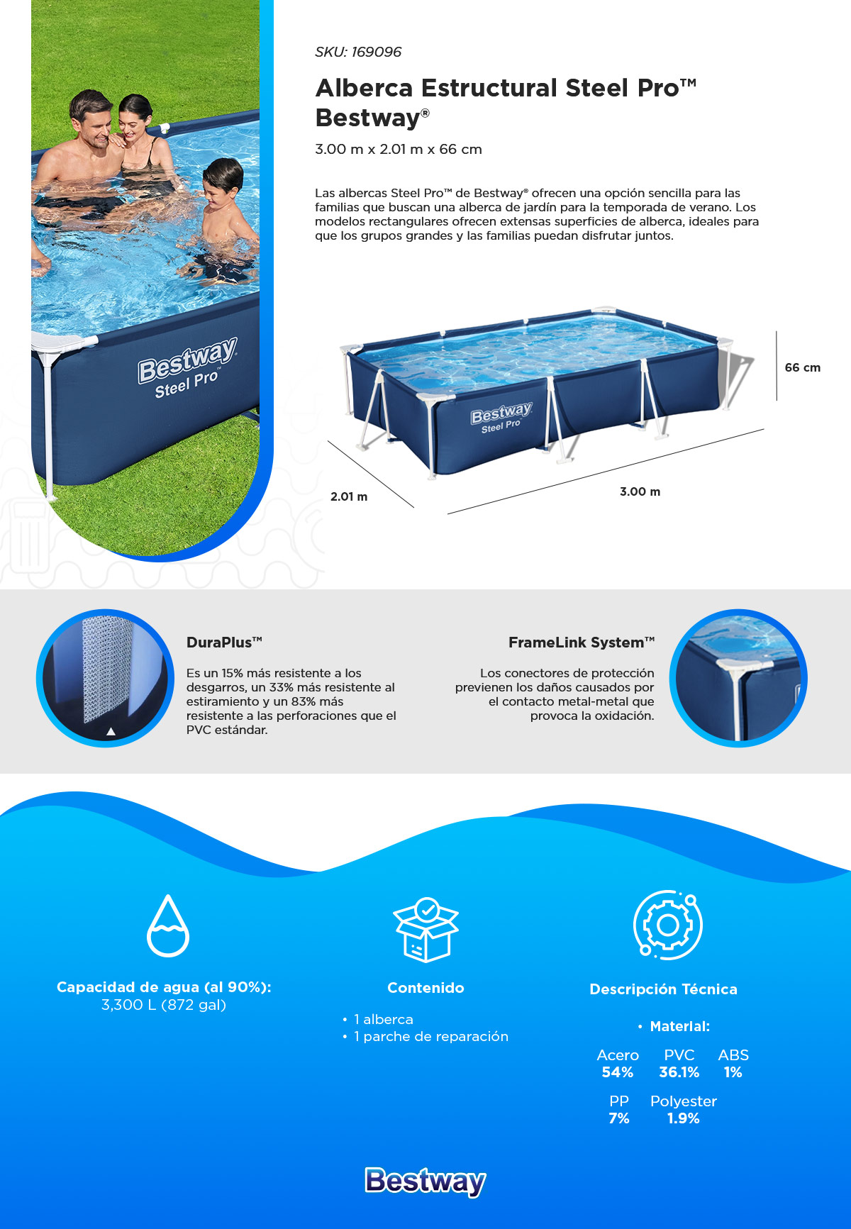 ALBERCA ESTRUCTURAL 3.00M X 2.01M X 66CM STEEL PRO | The Home Depot México