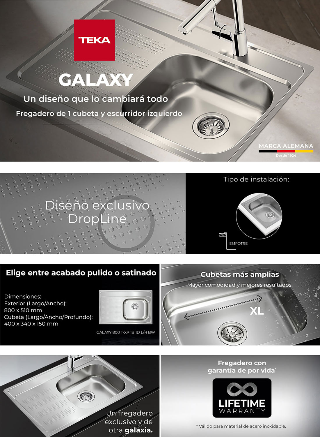 FREGADERO TARJA TEKA GALAXY DE EMPOTRE DE 1 TINA DERECHA CON ESCURRIDOR ...