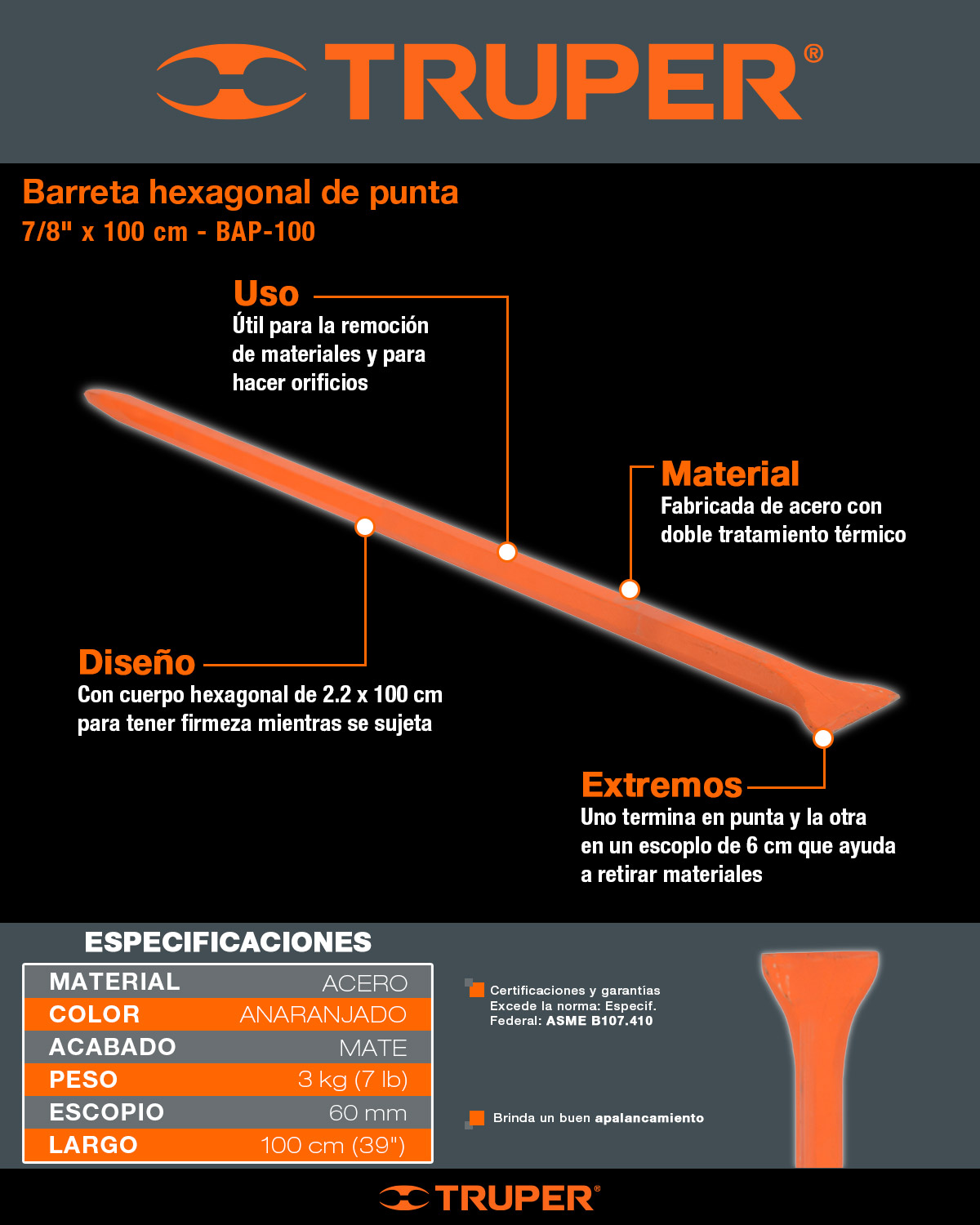 BARRETA DE PUNTA 100 X 2.2 CM ACERO TRUPER | The Home Depot México