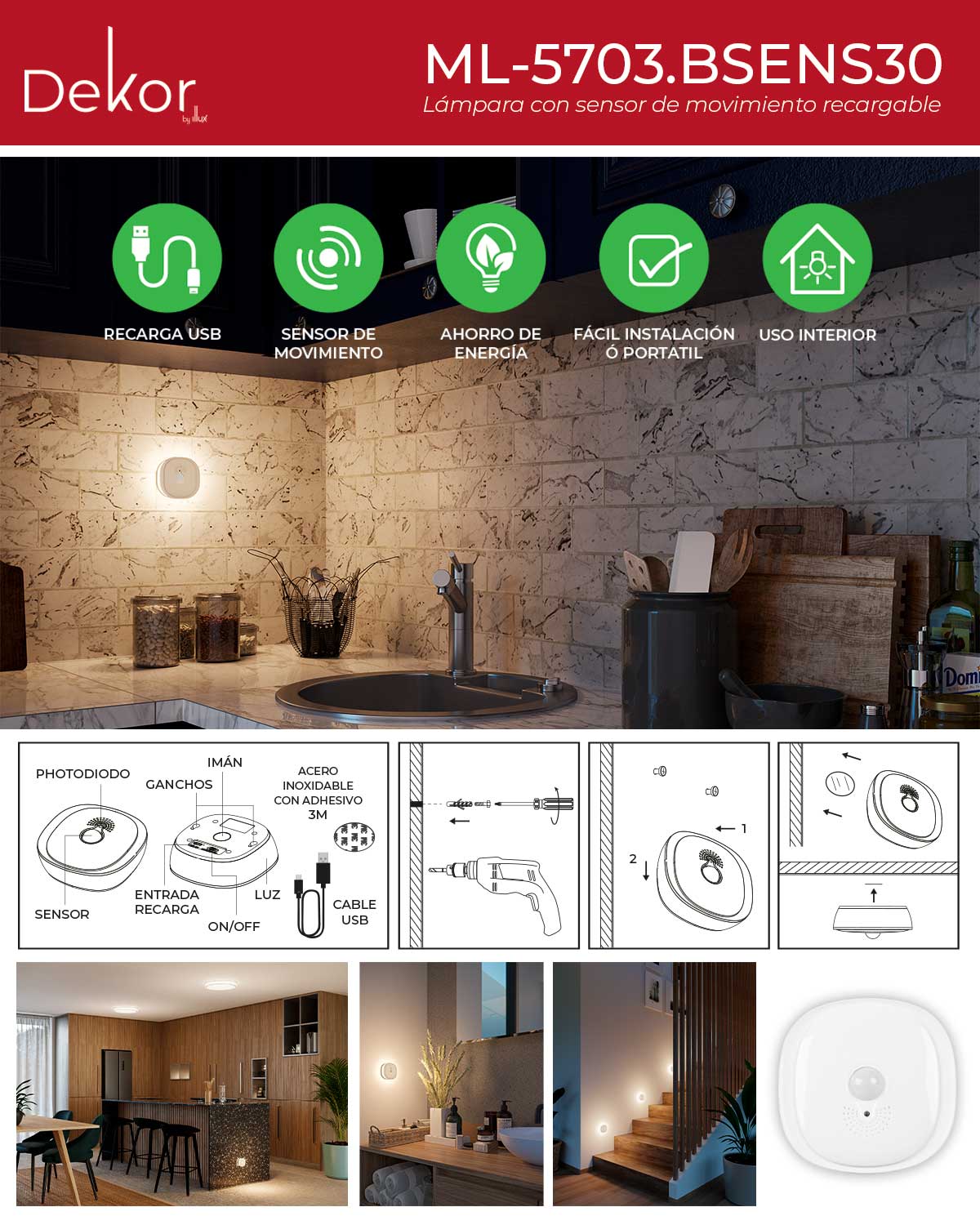 Lámpara con sensor de movimiento luz de noche portable magnético ...