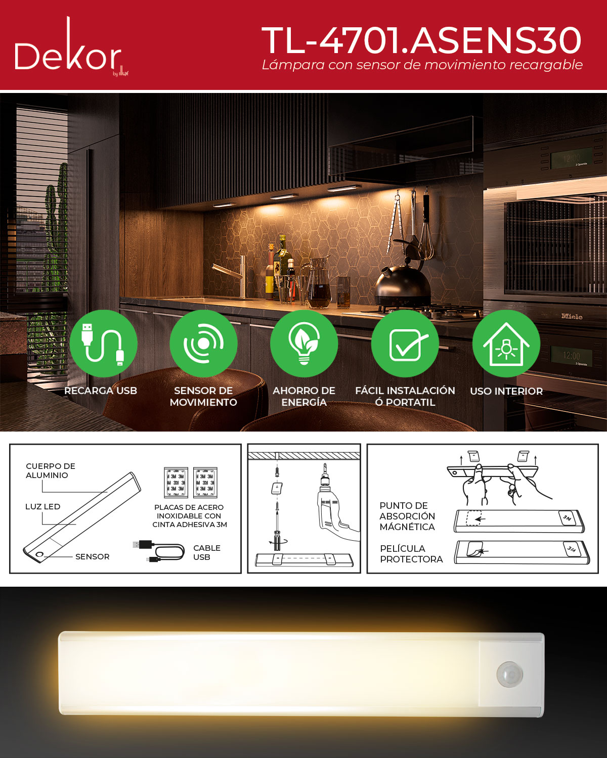 Luz de clóset LED con sensor de movimiento recargable TL-4701.ASENS30 ...