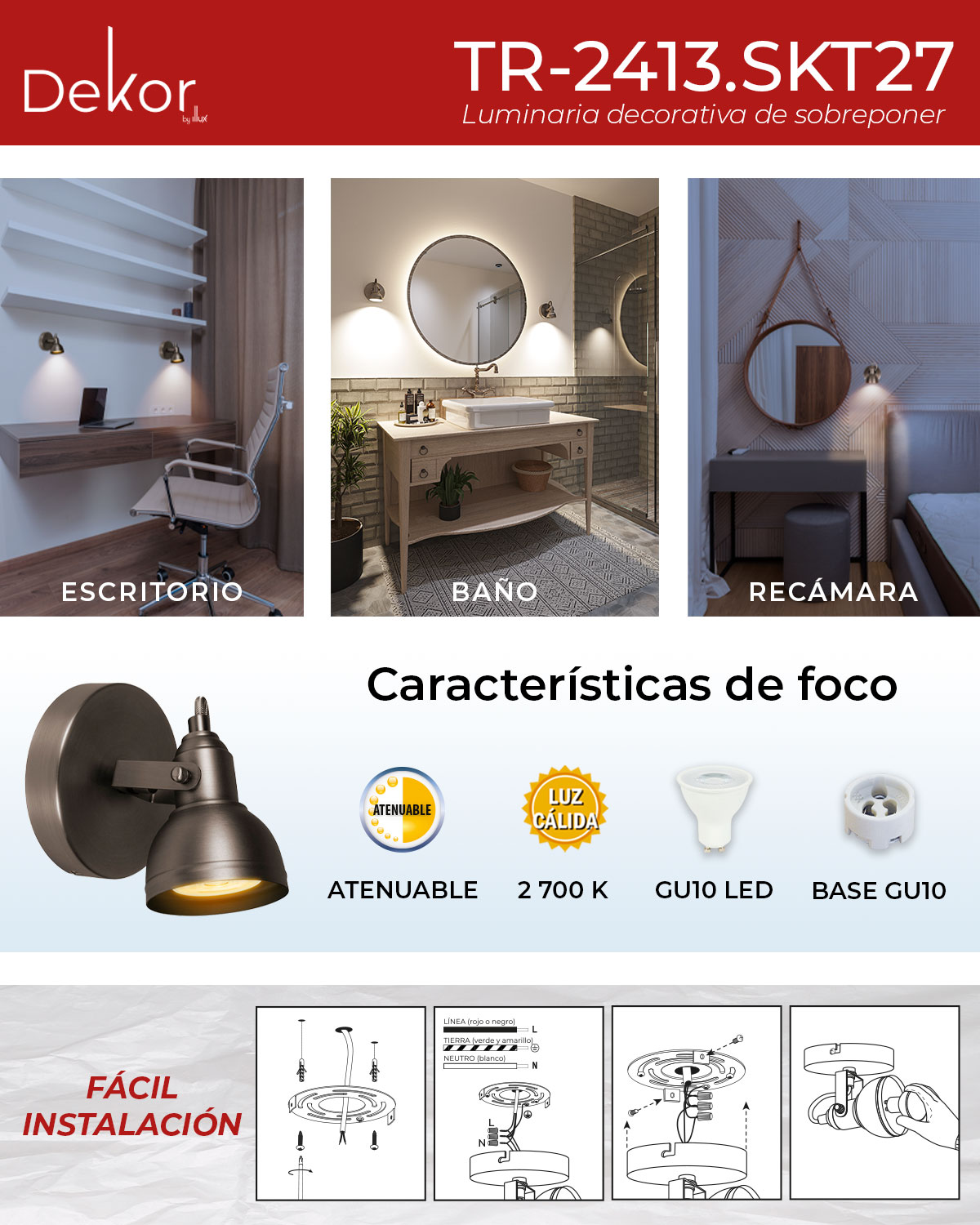 Lámpara Spot tipo riel cabeza ajustable | The Home Depot México