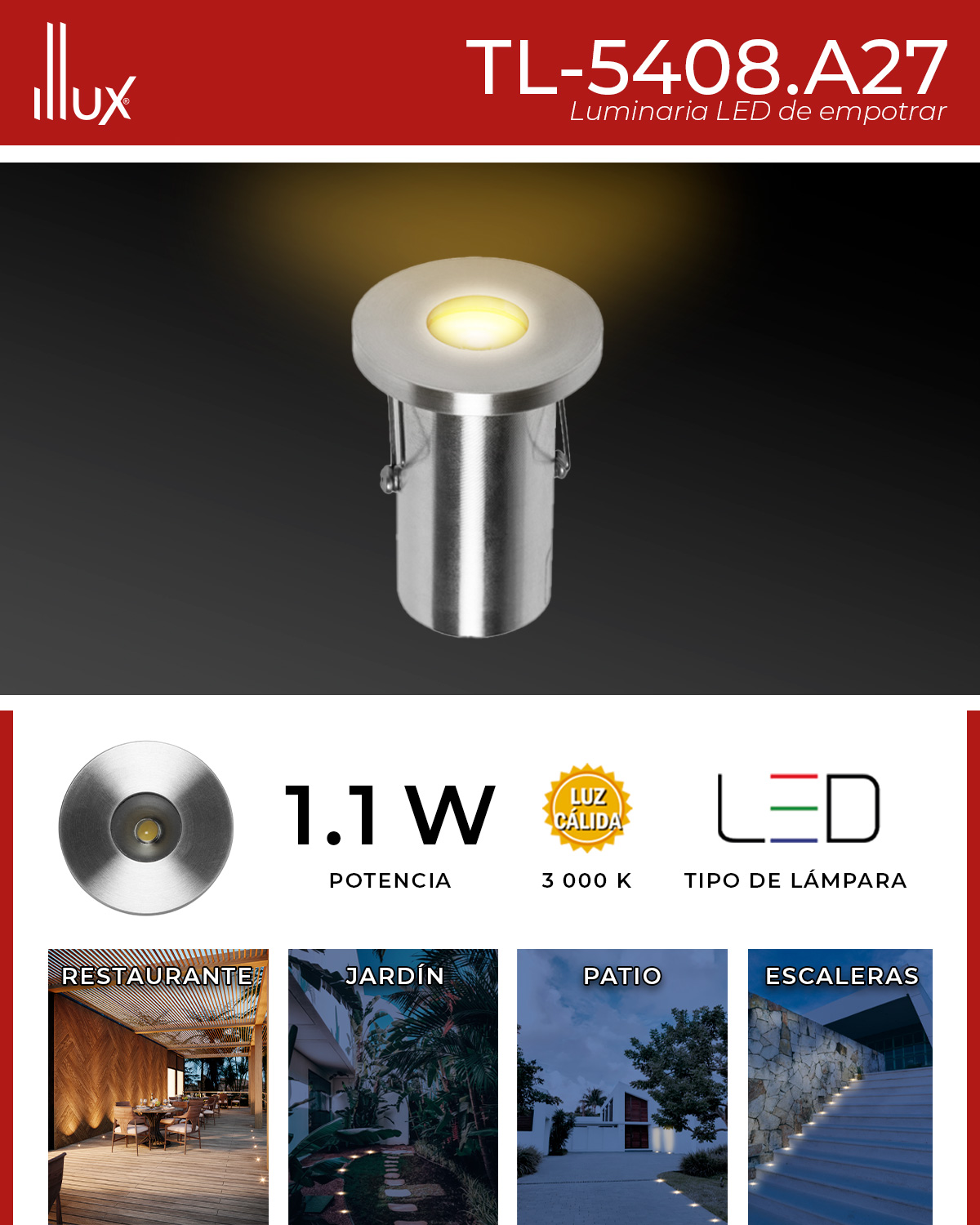 Lámpara Illux para empotrar en piso LED de 1W, TL-5408.A | The Home ...