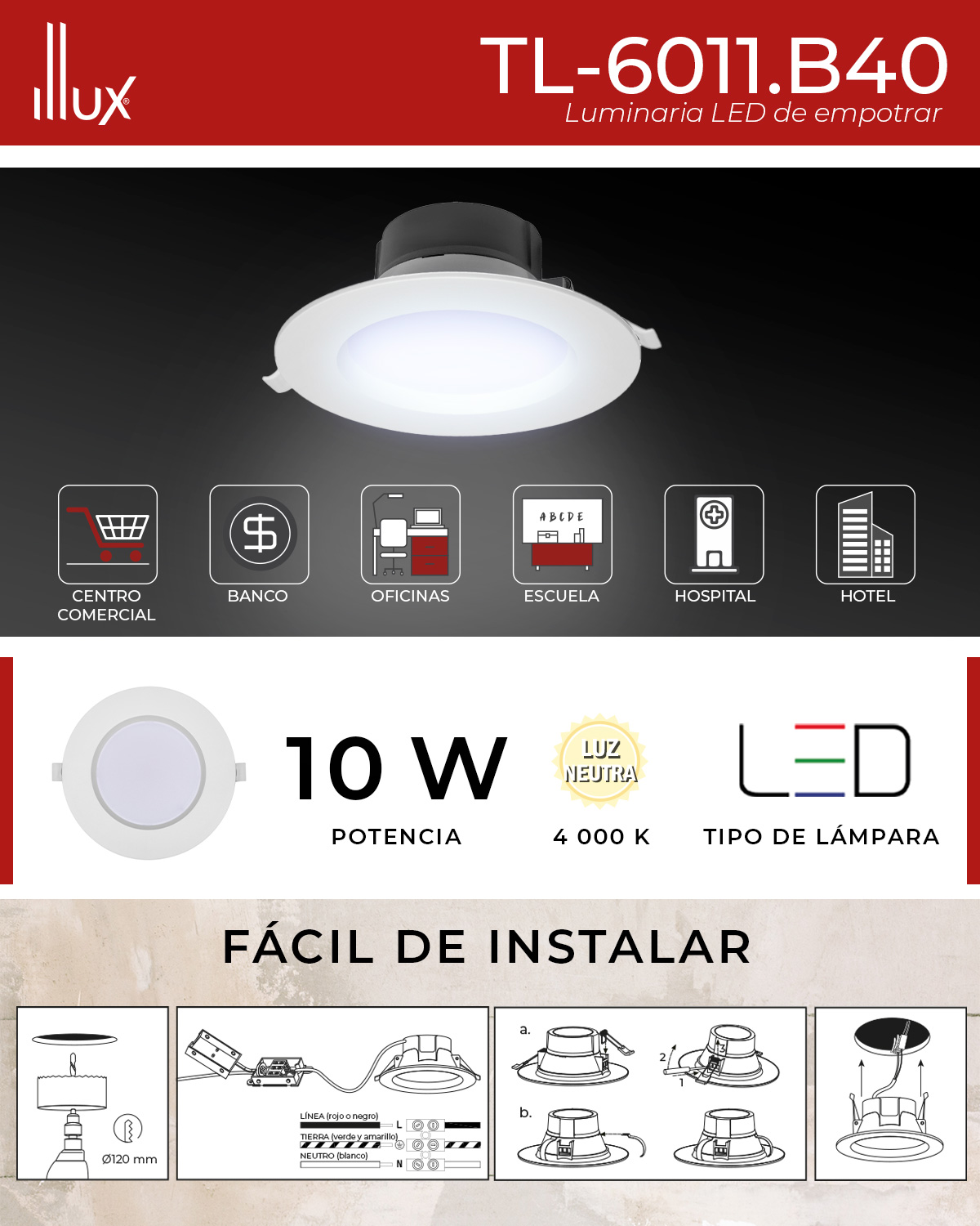 Lámpara Illux empotrado de LED 10W para techo TL-6011.B | The Home Depot México