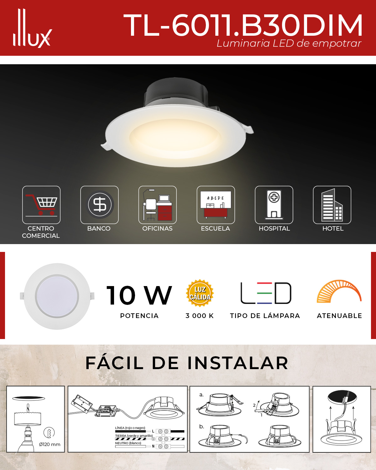 Lámpara Illux para empotrar y atenuable, TL-6011.B30DIM | The Home Depot México