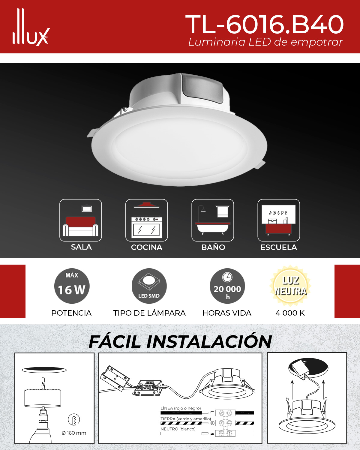 Lámpara Illux empotrada de LED 16W para techo, TL-6016.B | The Home Depot México