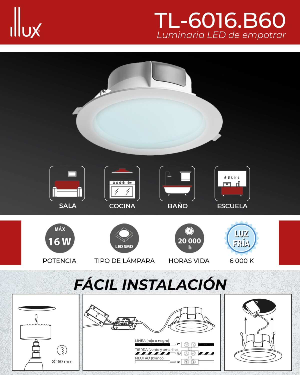 LAMPARA DE EMPOTRAR EN TECHO TIPO DOWNLIGHT, 16W, LUZ FRIA 6000K COLOR ...