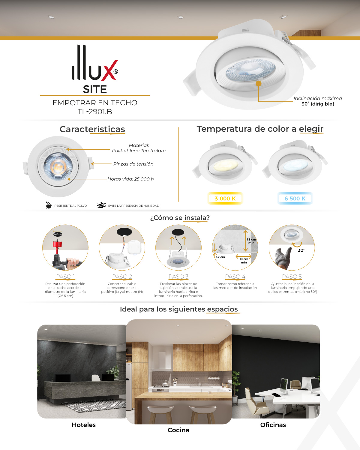 LÁMPARA LED DE EMPOTRAR, DIRIGIBLE, LUZ CÁLIDA, 3000K, 5W, COLOR BLANCO, 350 LM, FÁCIL ...