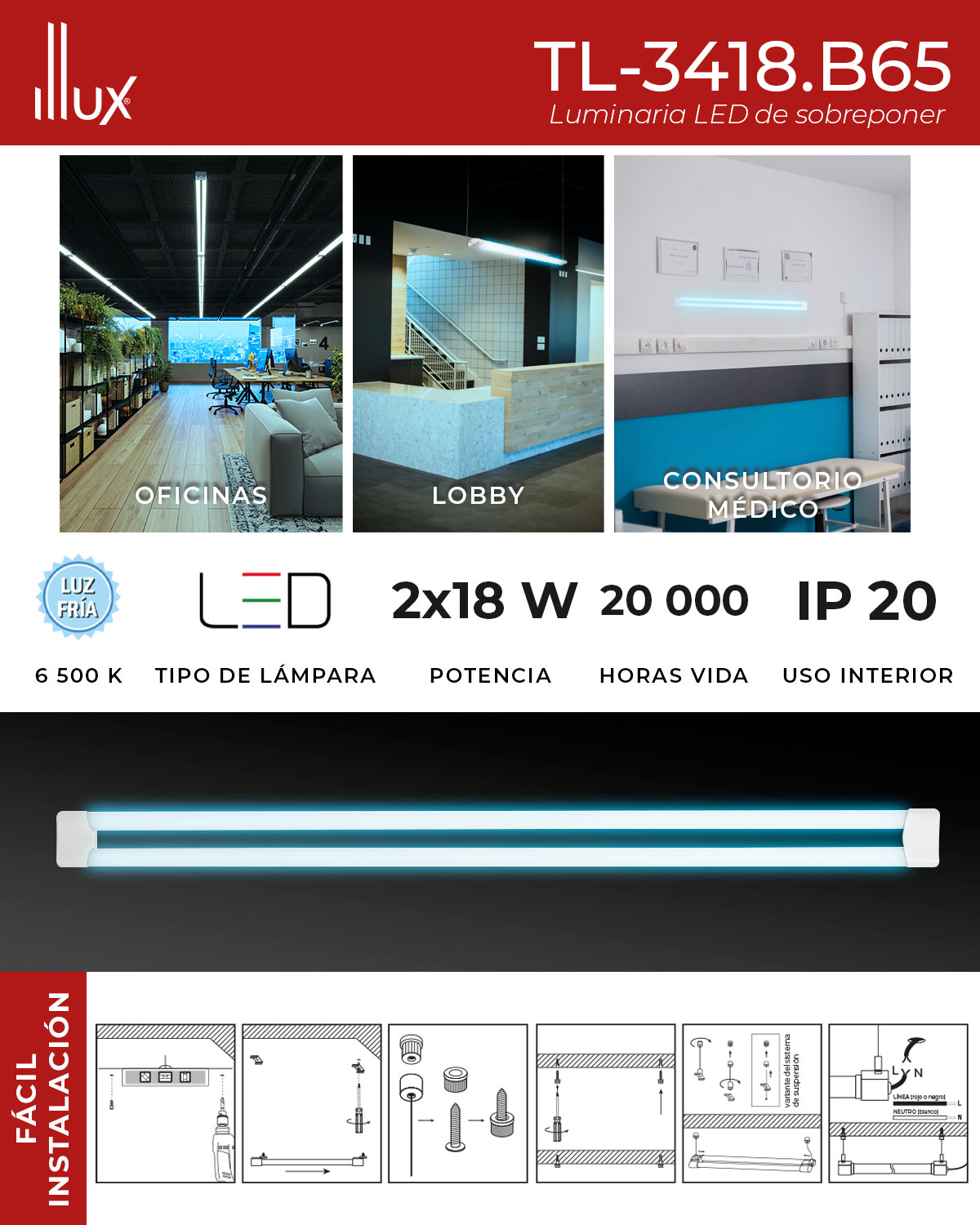 Lámpara Illux de sobreponer LED de 2x18W TL-3418.B65 | The Home Depot ...