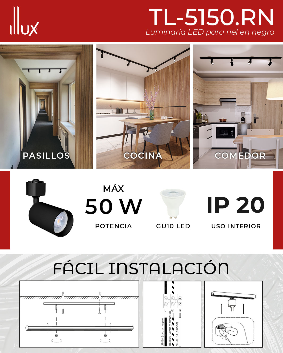 LAMPARA TIPO SPOT PARA RIEL, OPERA FOCO GU10, 50W MAX | The Home Depot ...