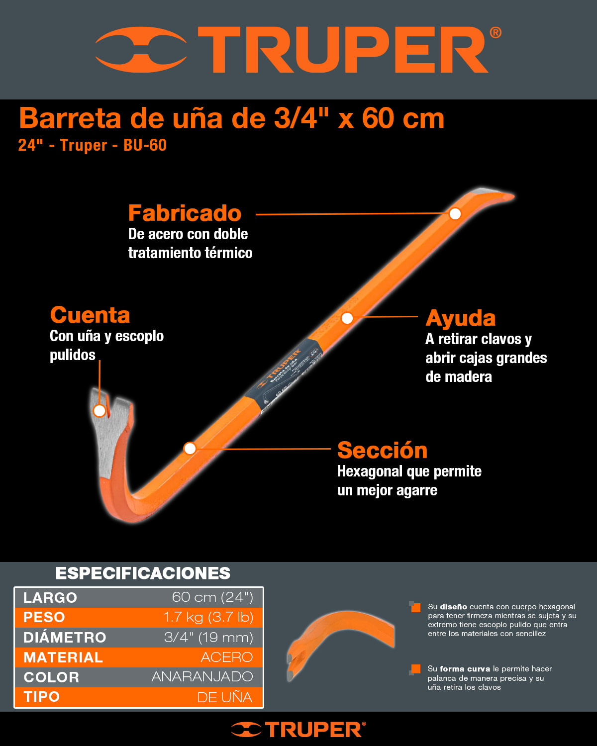 BARRETA DE UÑA 3/4 DE PULGADA ACERO TRUPER | The Home Depot México