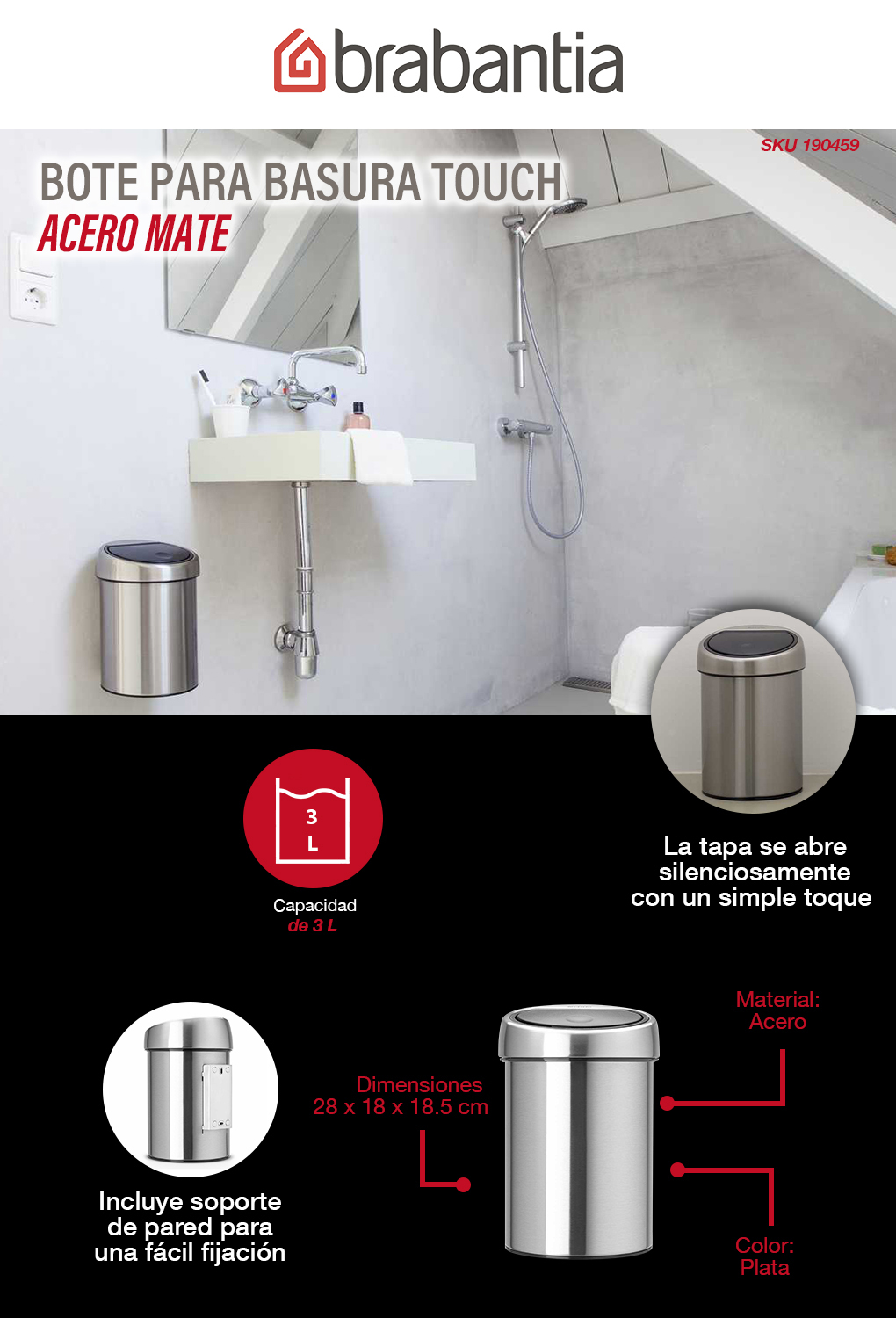 BOTE P/BAS TOUCH BIN 3L ACERO MATE, BRABANTIA | The Home Depot México