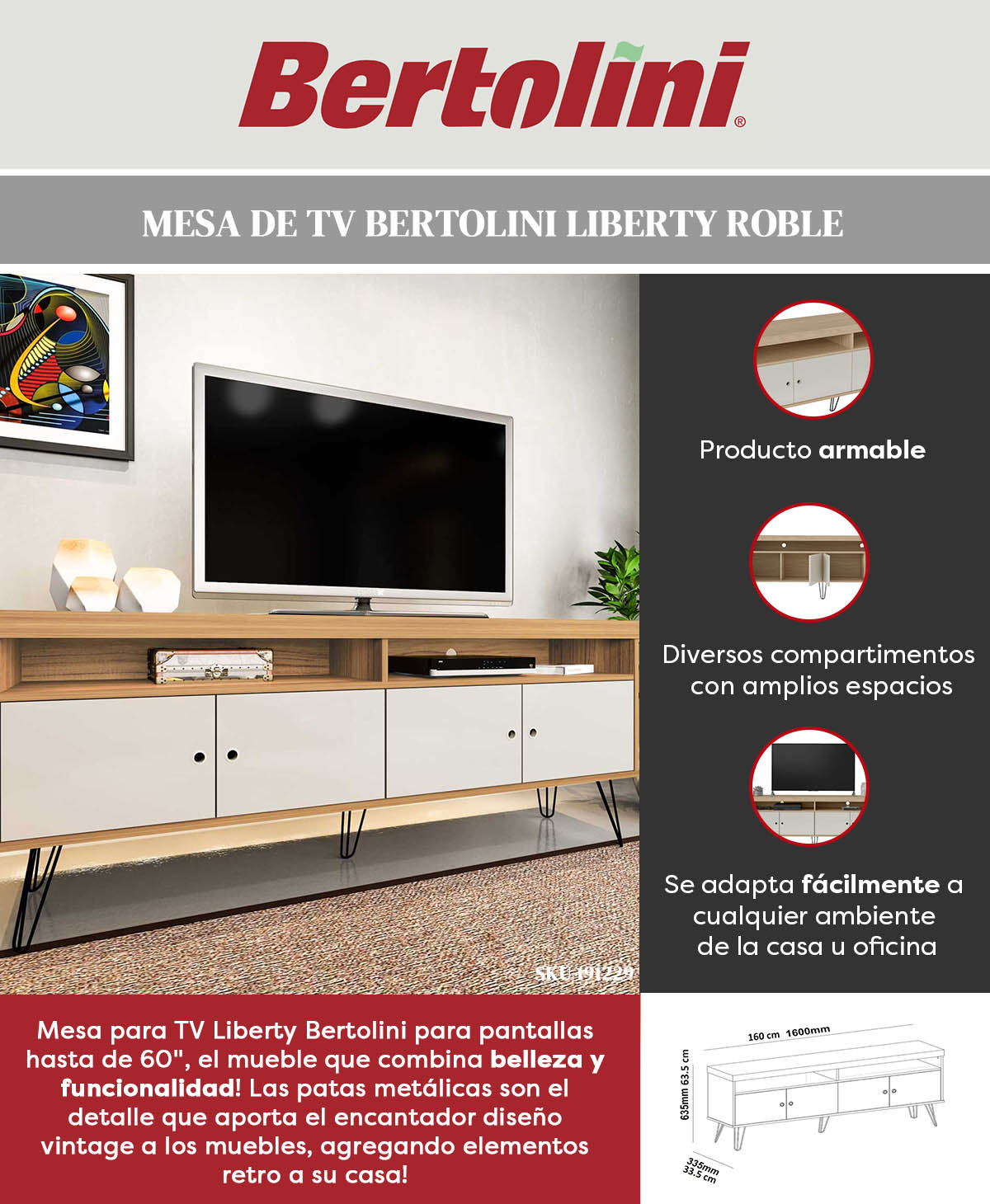MESA DE TV BERTOLINI LIBERTY ROBLE OFF WHITE | The Home Depot México