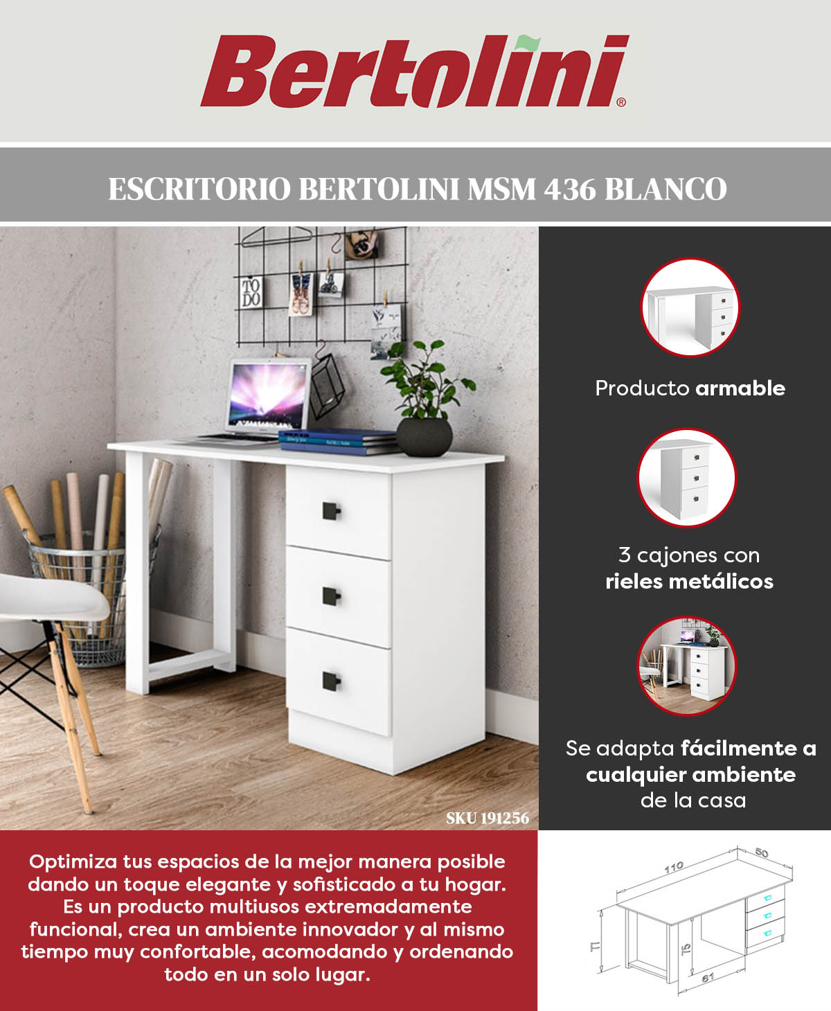 ESCRITORIO BERTOLINI MSM 436 BLANCO | The Home Depot México